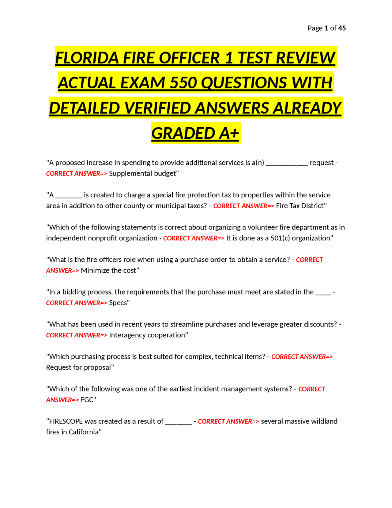 FLORIDA FIRE OFFICER 1 TEST REVIEW ACTUAL EXAM 550 QUESTIONS WITH ...