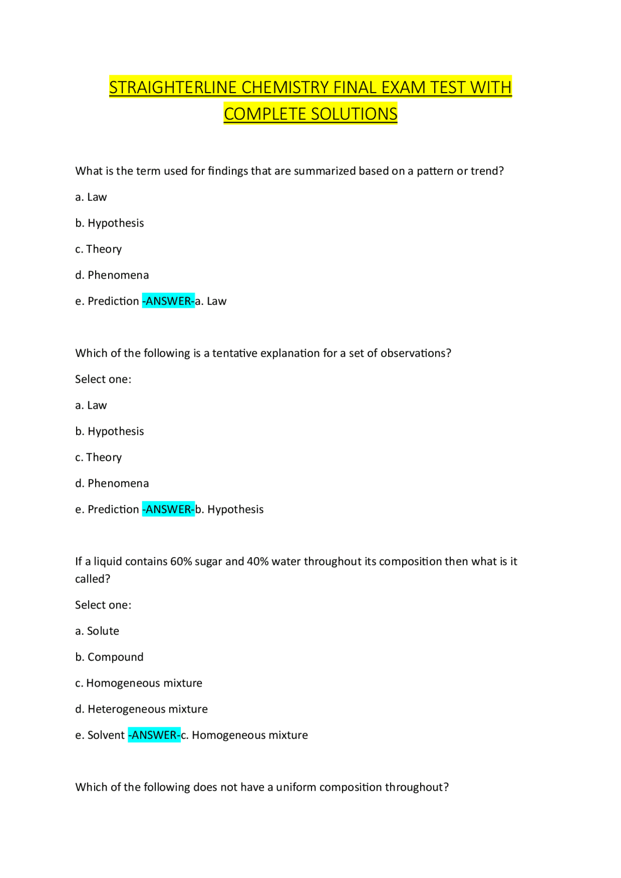 STRAIGHTERLINE CHEMISTRY FINAL EXAM TEST WITH COMPLETE SOLUTIONS ...