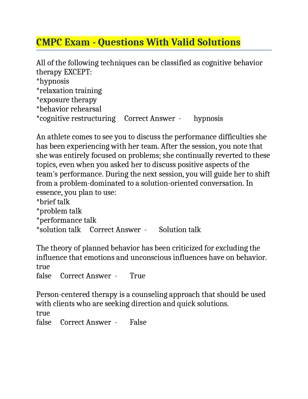 CMPC Exam - Questions With Valid Solutions | Exams Nursing | Docsity