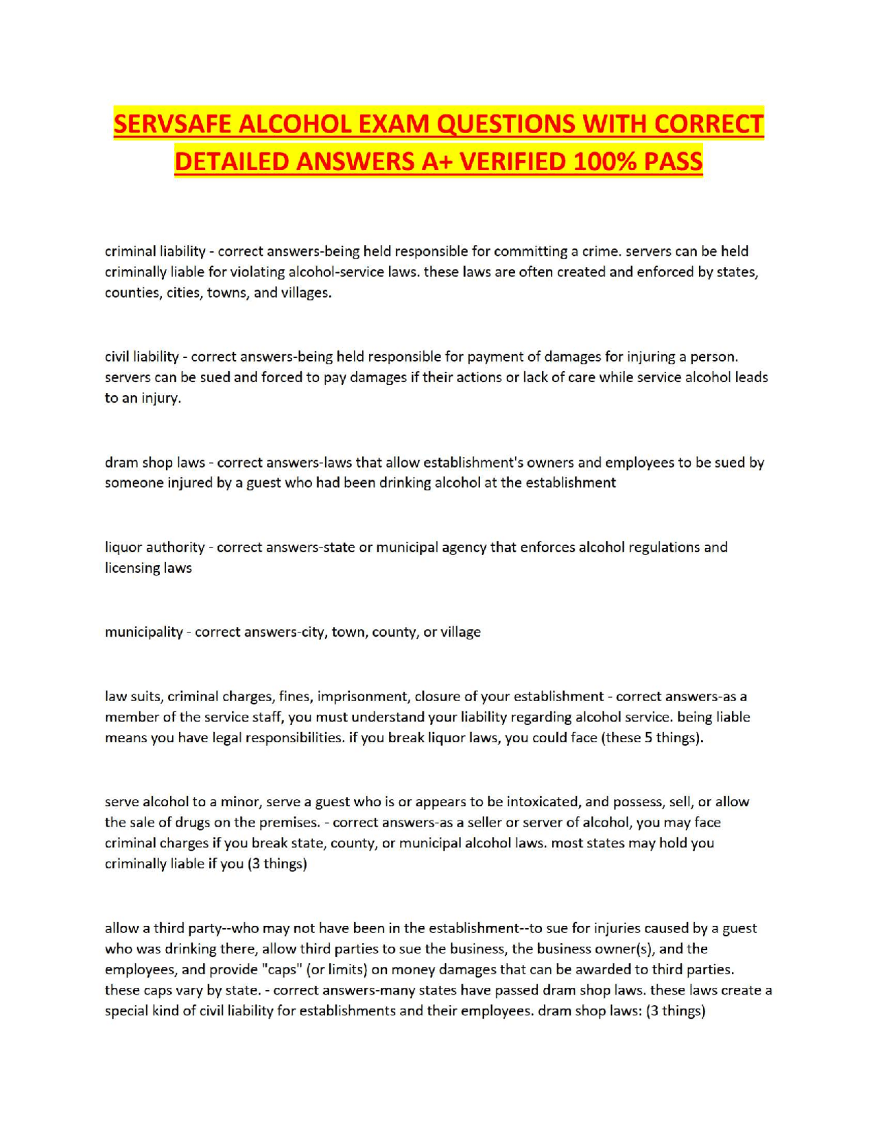 SERVSAFE ALCOHOL EXAM QUESTIONS WITH CORRECT DETAILED ANSWERS A+ ...