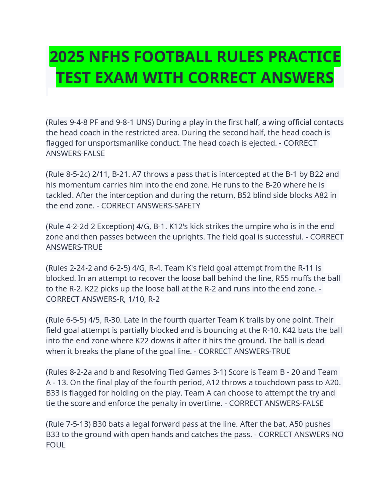 2025 NFHS FOOTBALL RULES PRACTICE TEST EXAM WITH CORRECT ANSWERS ...