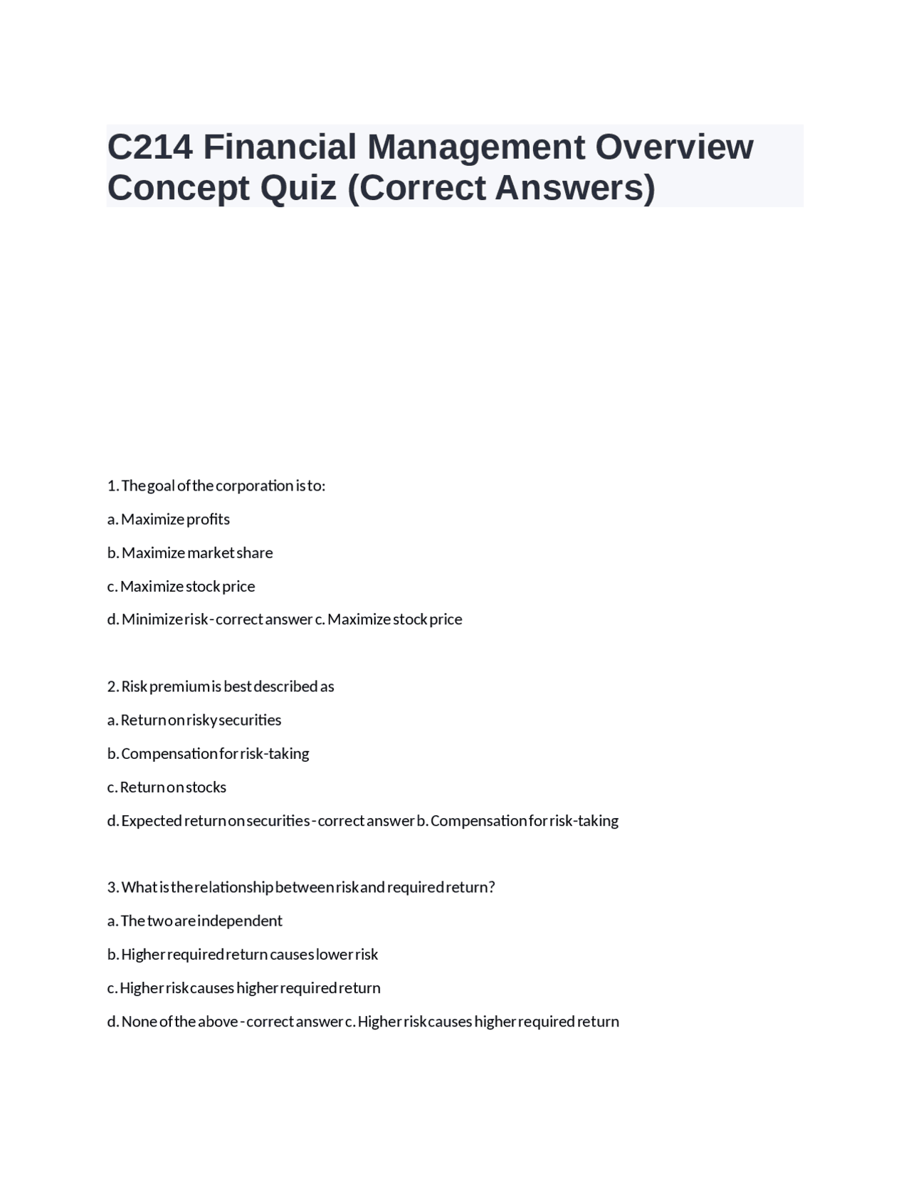 C214 Financial Management Overview Concept Quiz (Correct Answers ...
