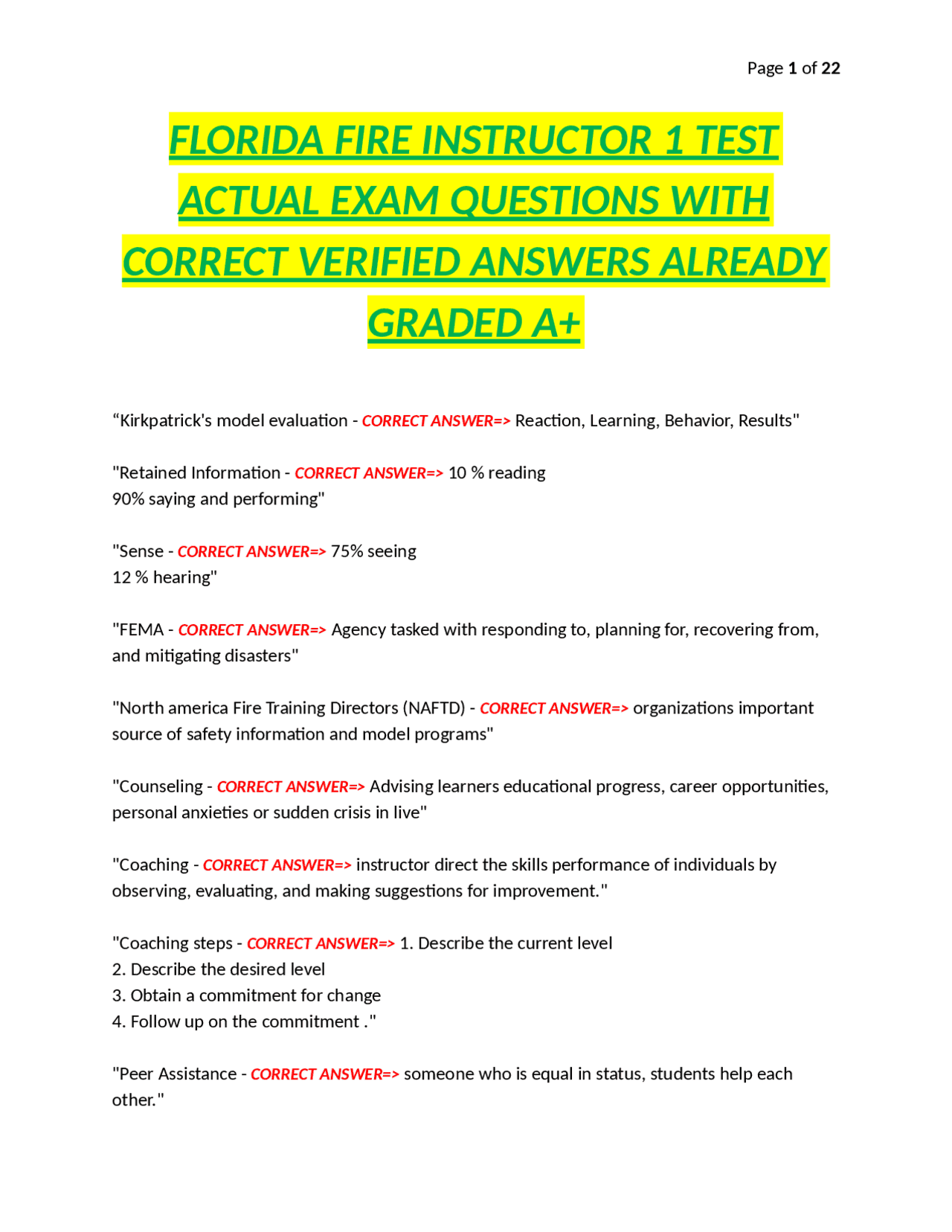 FLORIDA FIRE INSTRUCTOR 1 TEST ACTUAL EXAM QUESTIONS WITH CORRECT ...