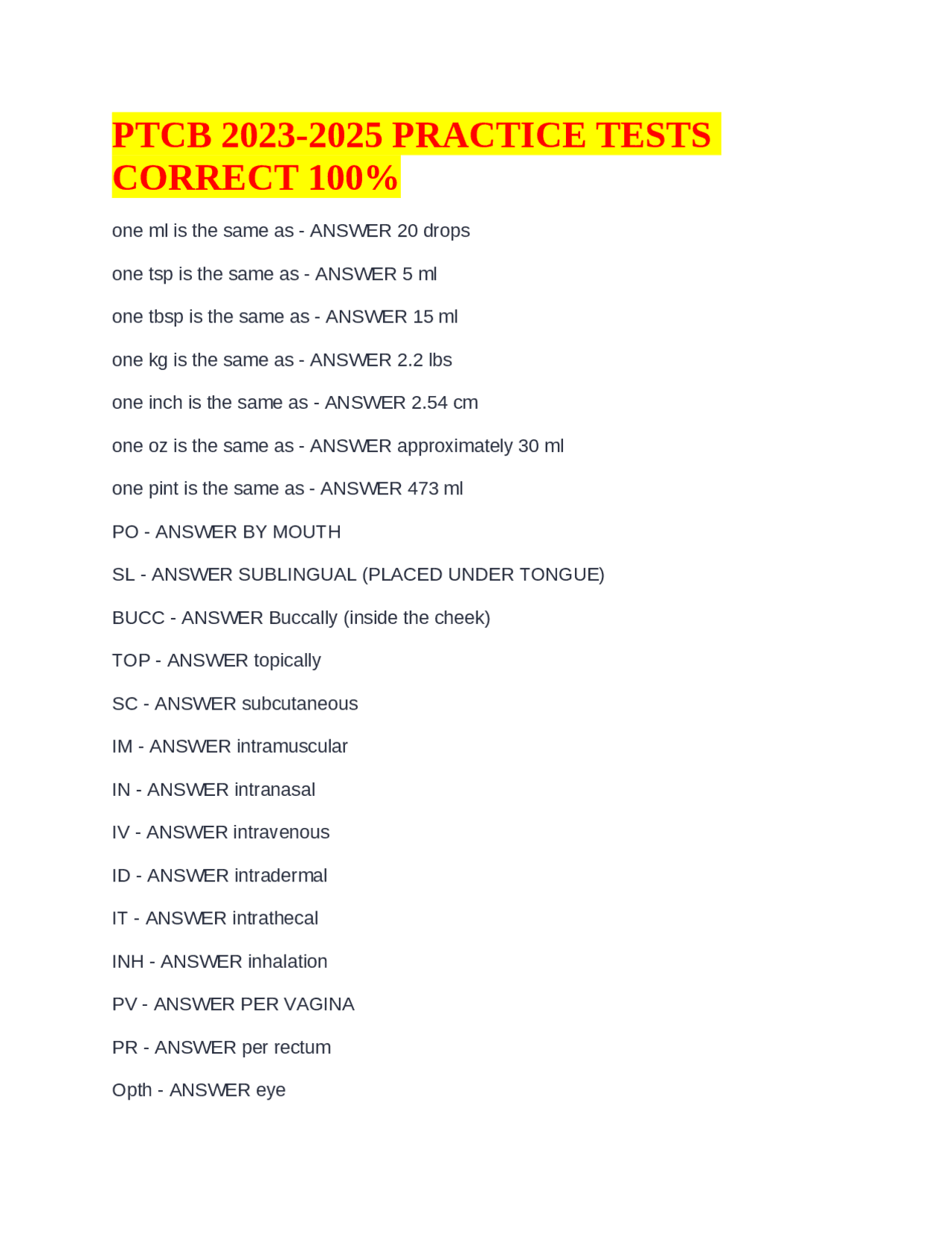 PTCB 2023-2025 PRACTICE TESTS CORRECT 100% | Exams Pharmacy | Docsity