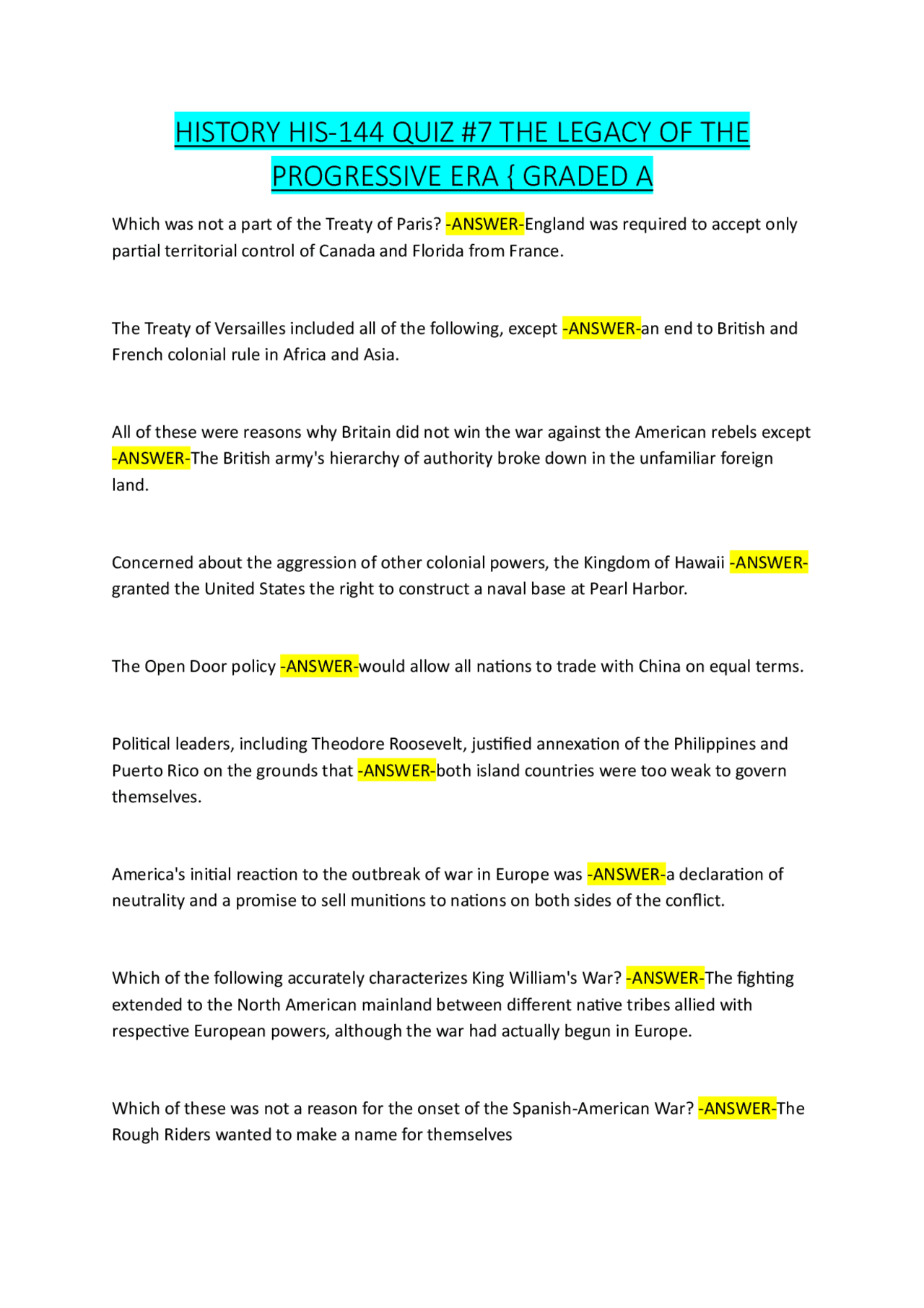 History His 144 Quiz 7 The Legacy Of The Progressive Era Graded A
