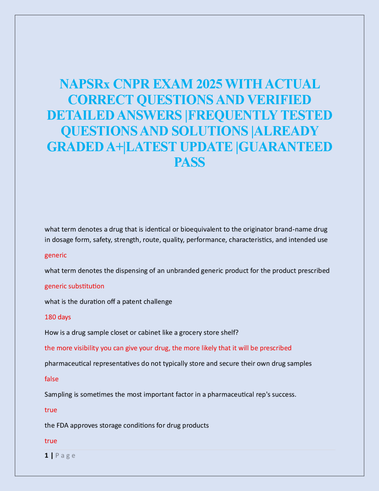 NAPSRx CNPR EXAM 2025 WITH | Exams Pharmaceutical marketing | Docsity