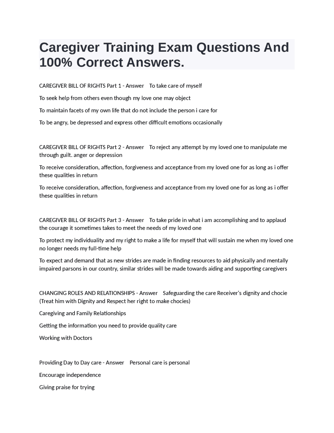 Caregiver Training Exam Questions and Answers | Exams Nursing | Docsity