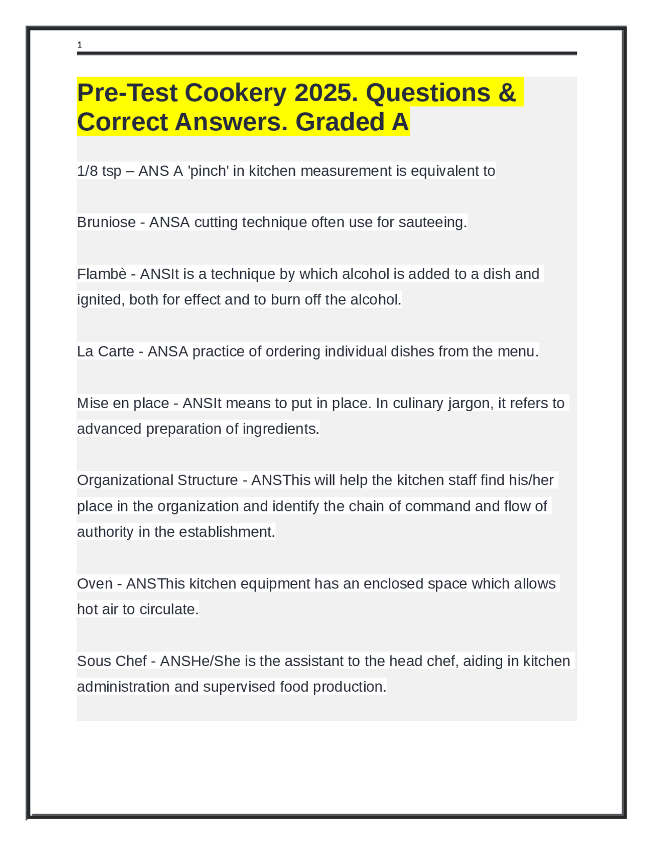 Pre-Test Cookery 2025. Questions & Correct Answers. Graded A | Exams ...