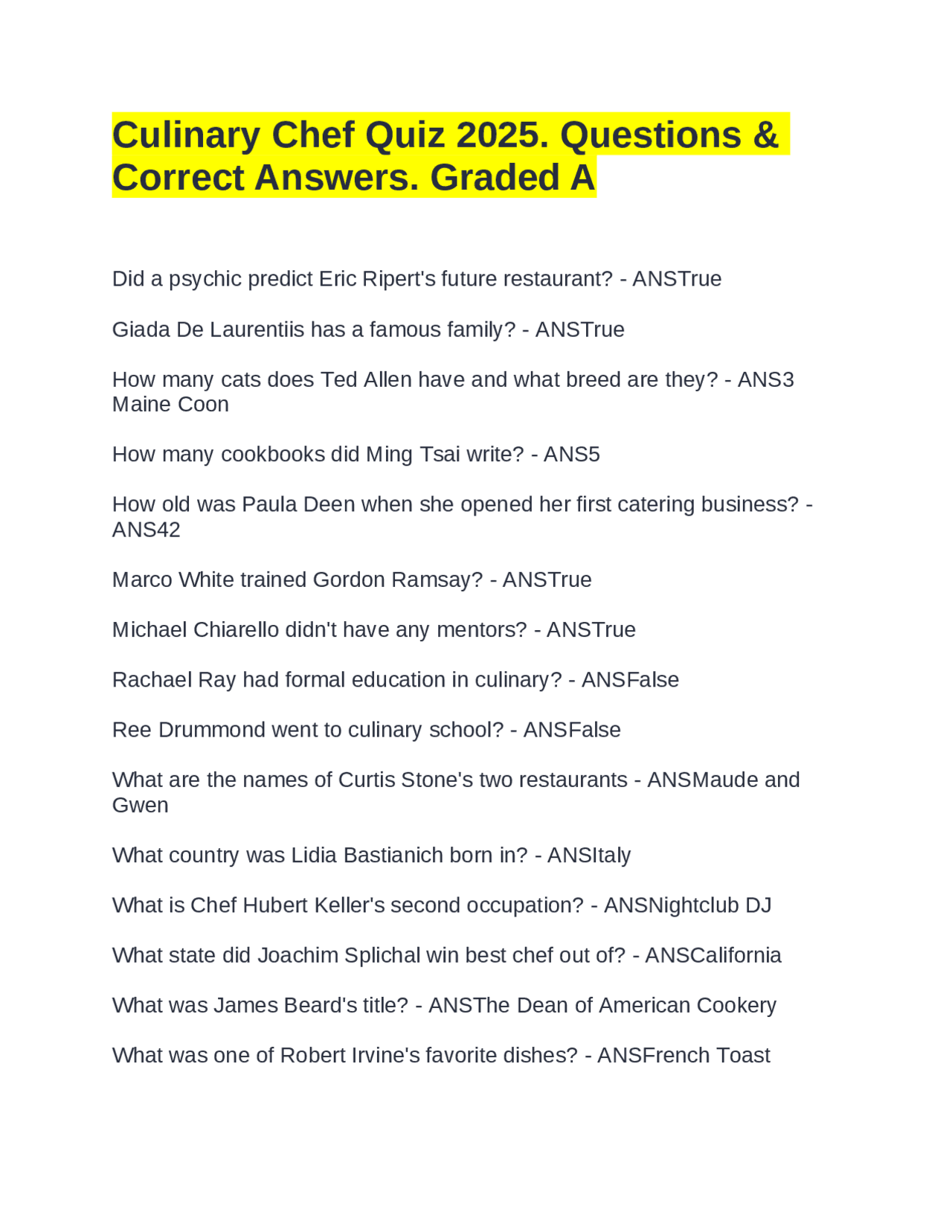 Culinary Chef Quiz 2025. Questions & Correct Answers. Graded A | Exams ...