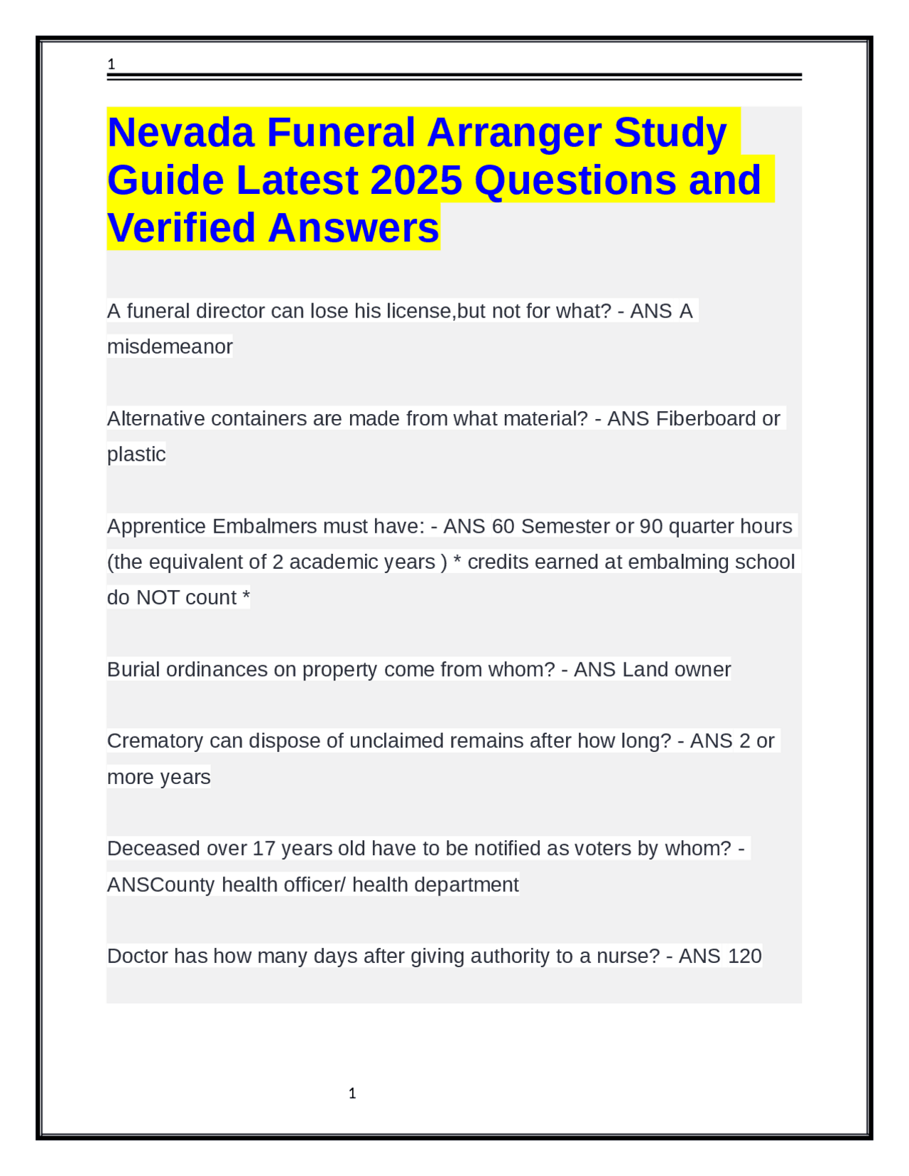 Nevada Funeral Arranger Study Guide Latest 2025 Questions and Verified ...