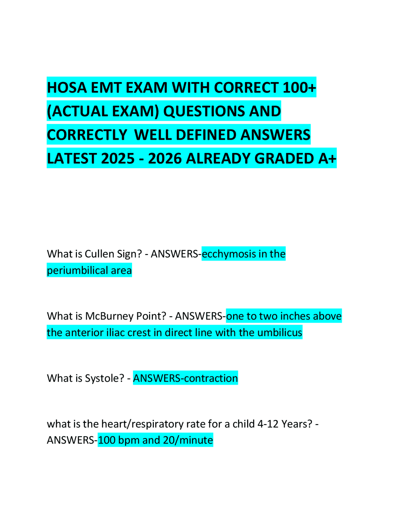 HOSA EMT EXAM WITH CORRECT 100+ (ACTUAL EXAM) QUESTIONS AND CORRECTLY ...