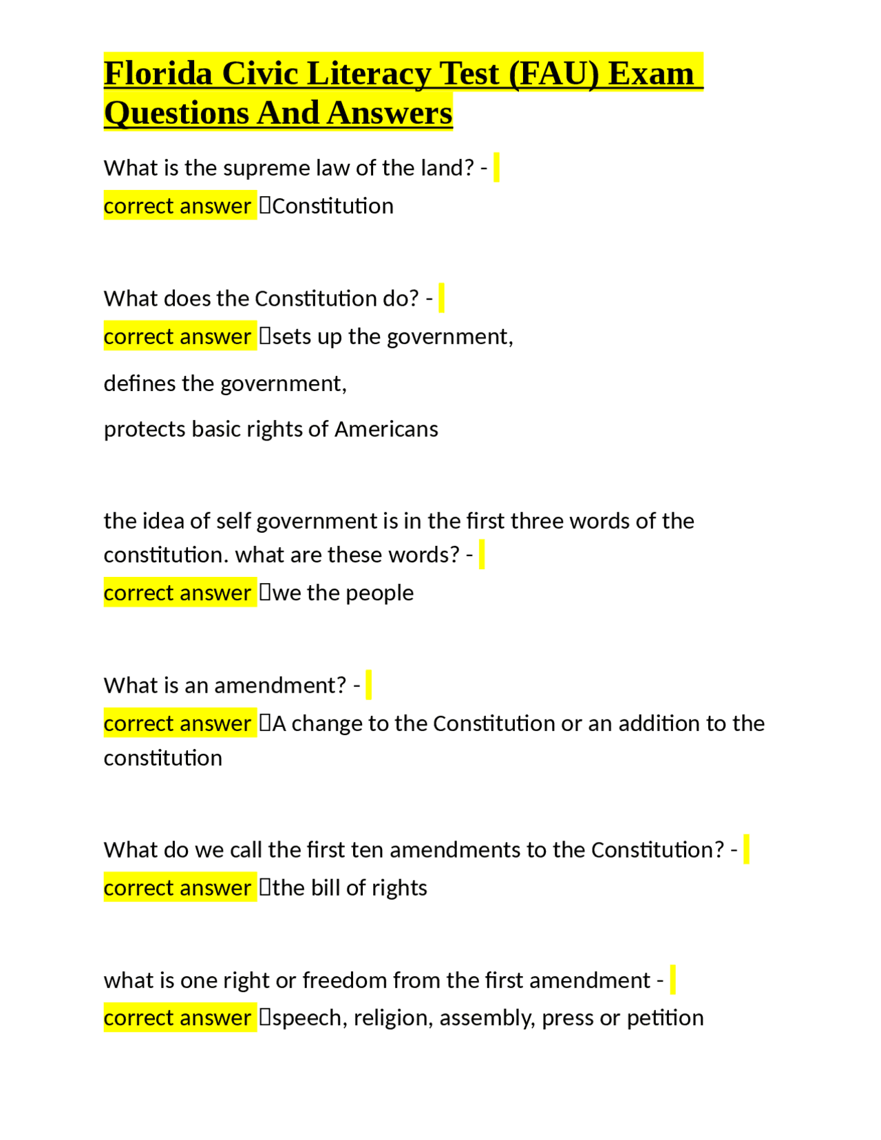 Florida Civic Literacy Test (FAU) Exam Questions And Answers | Exams ...