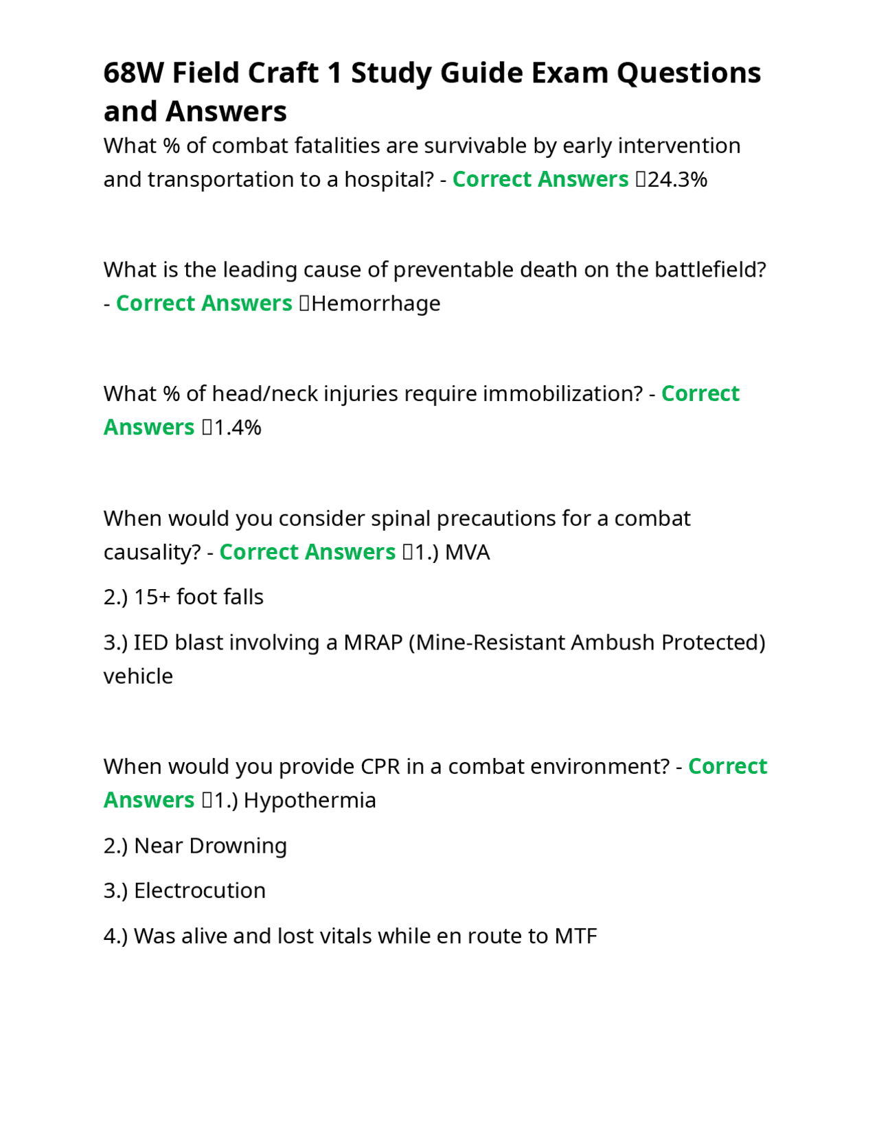 68W Field Craft 1 Study Guide: Exam Questions and Answers | Exams ...