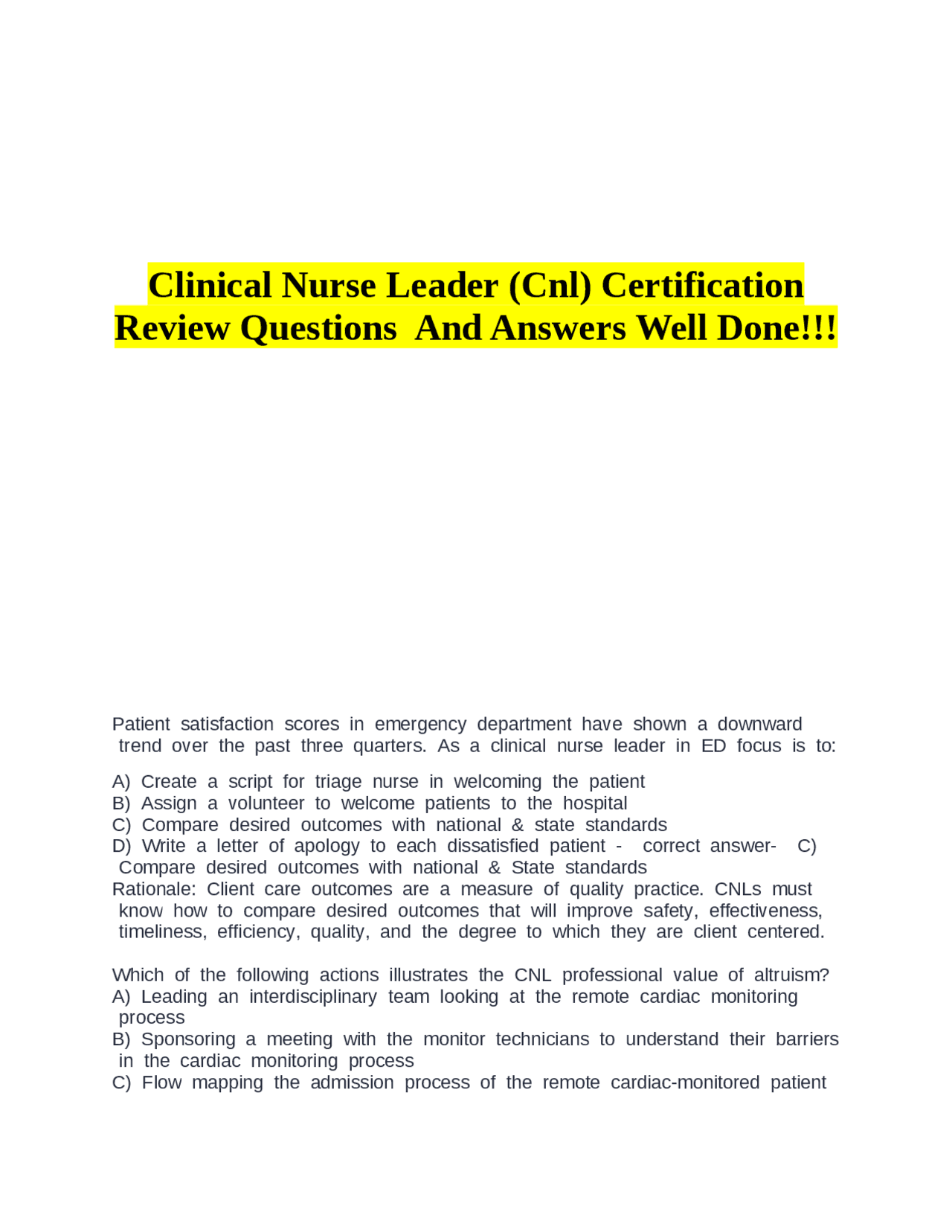 Clinical Nurse Leader (Cnl) Certification Review Questions And Answers ...
