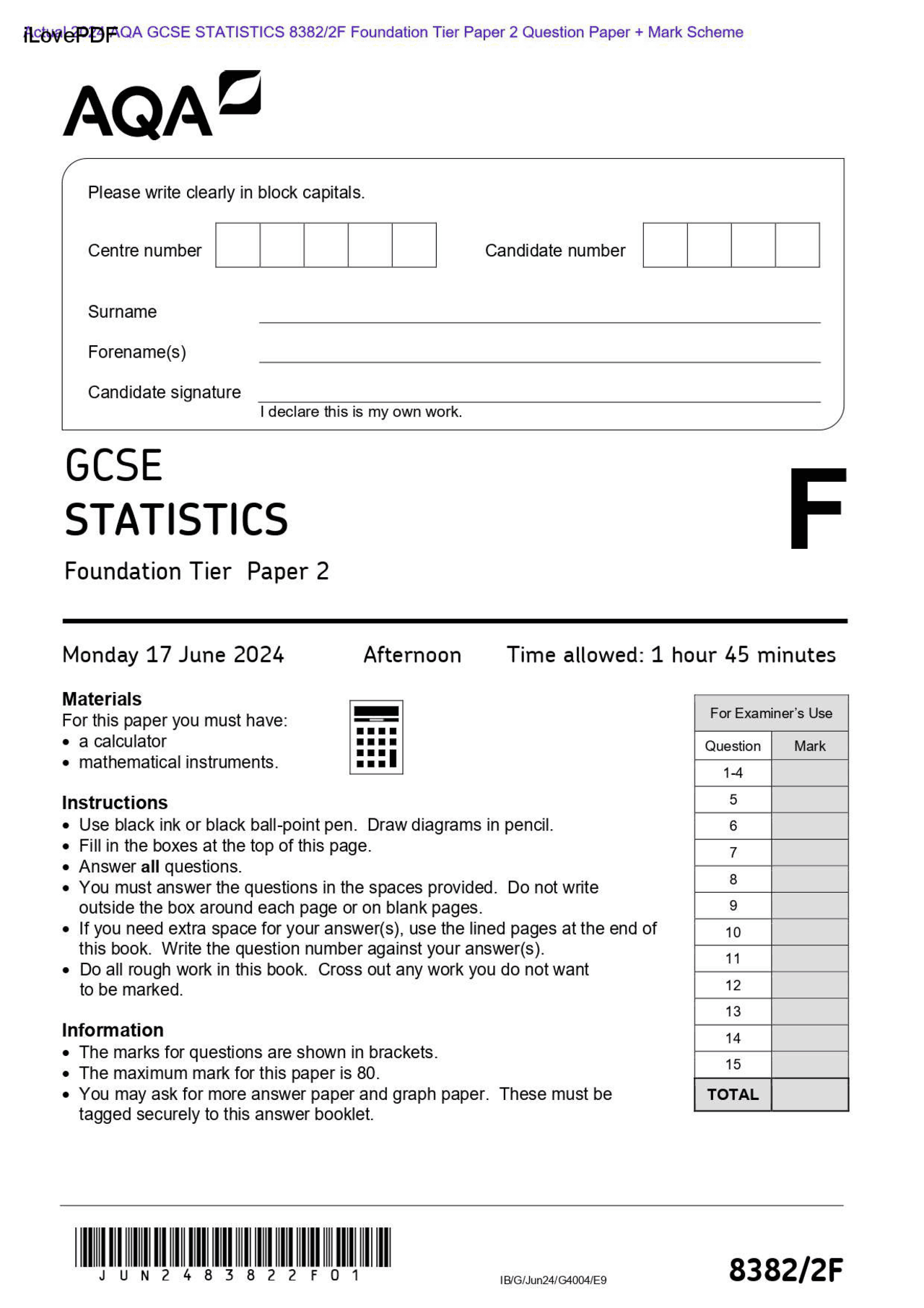 Actual 2024 AQA GCSE STATISTICS 8382/2F Foundation Tier Paper 2 ...