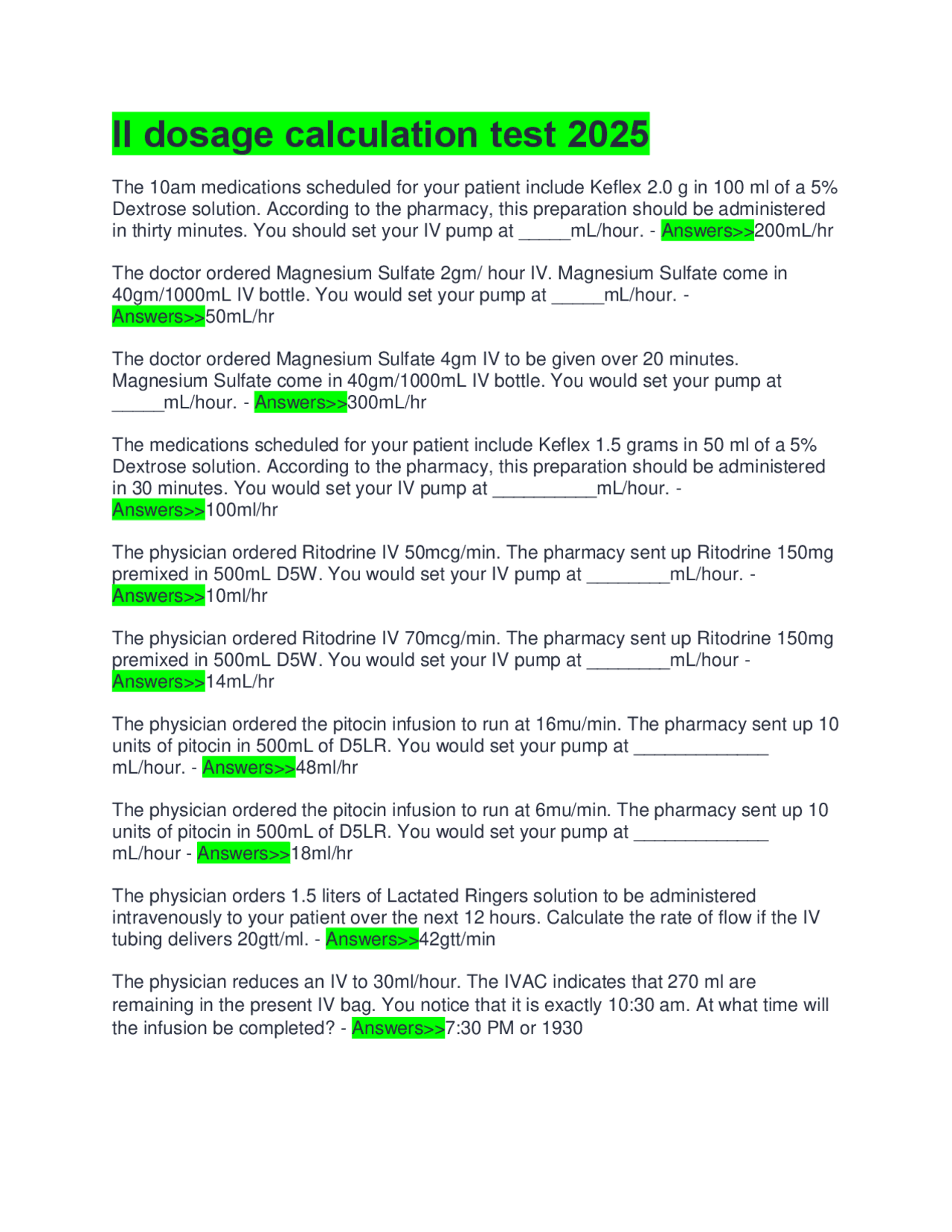 II dosage calculation test 2025 EXAM | Exams Pharmacology | Docsity