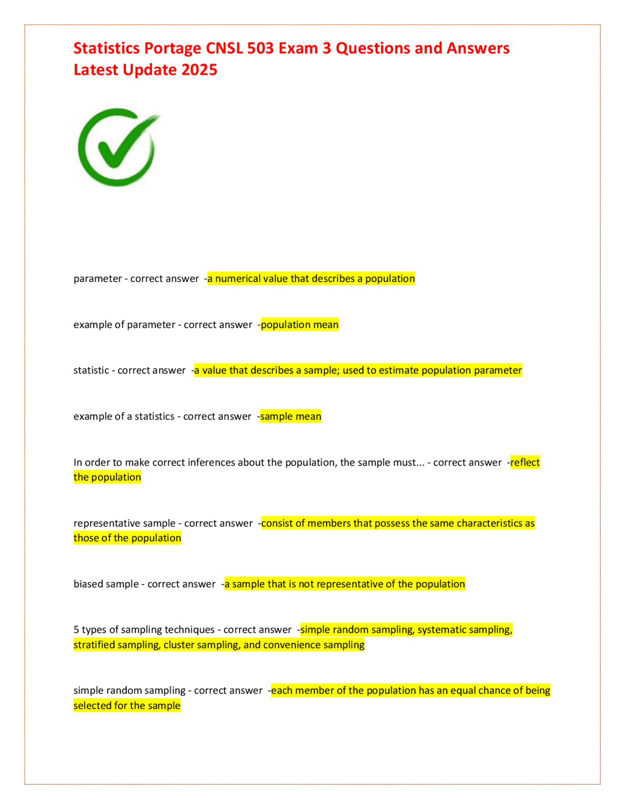 Statistics Portage CNSL 503 Exam 3 Questions and Answers Latest Update ...