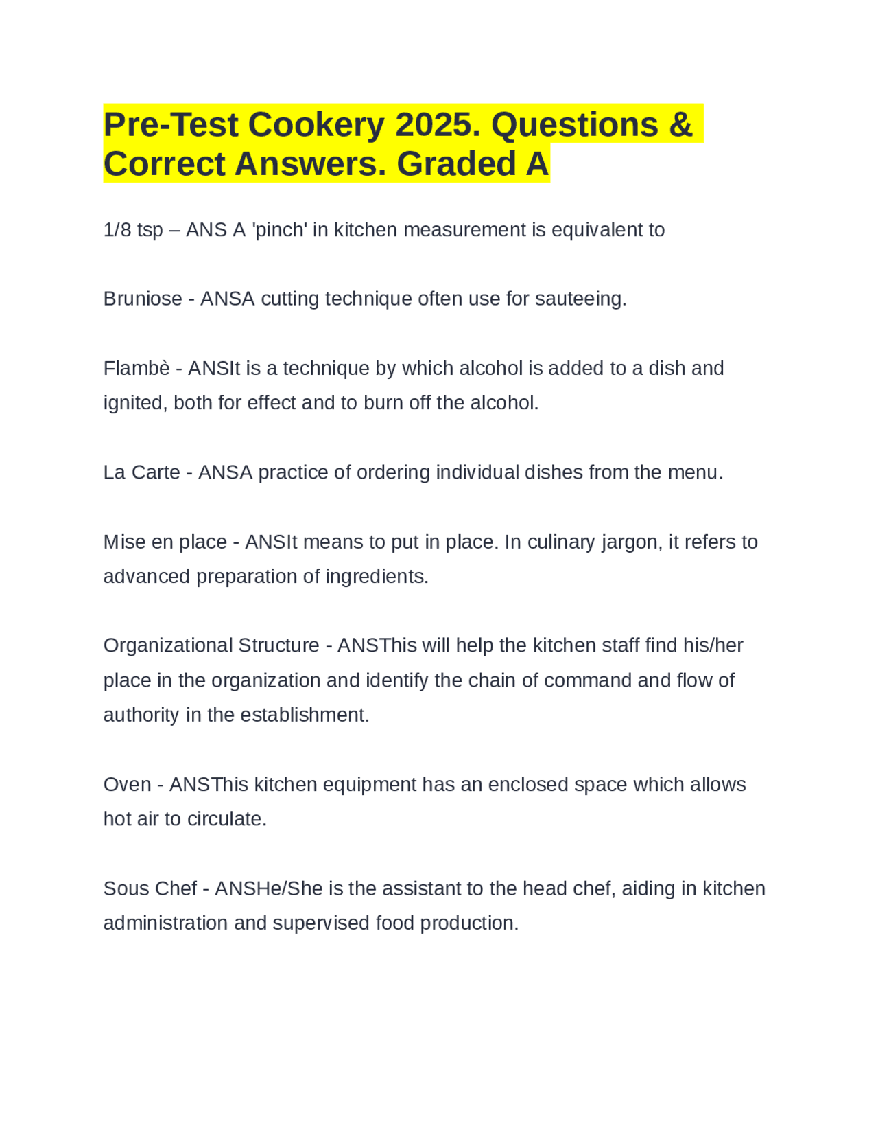 Pre-Test Cookery 2025. Questions & Correct Answers. Graded A | Exams ...