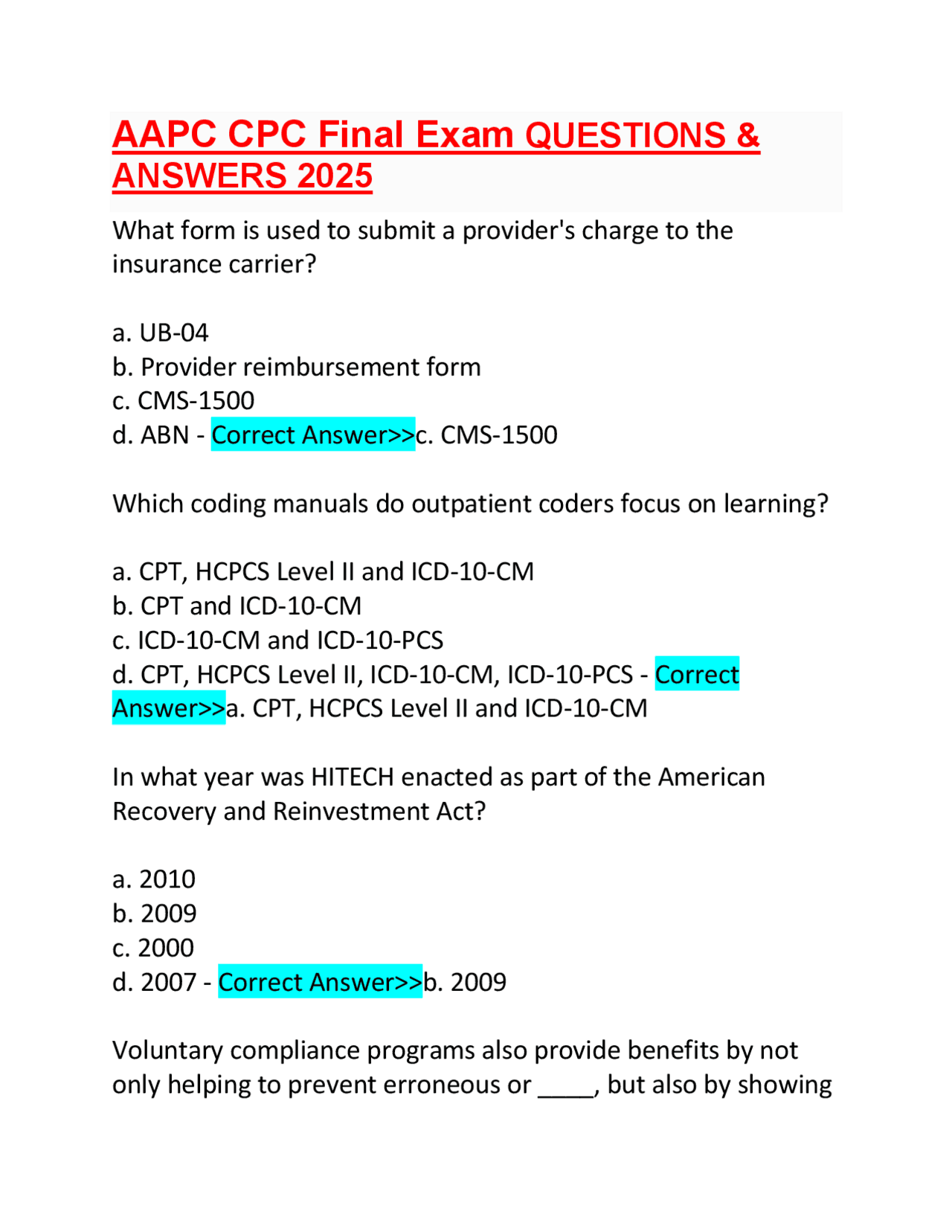 AAPC CPC Final Exam QUESTIONS & ANSWERS 2025 | Exams Nursing | Docsity