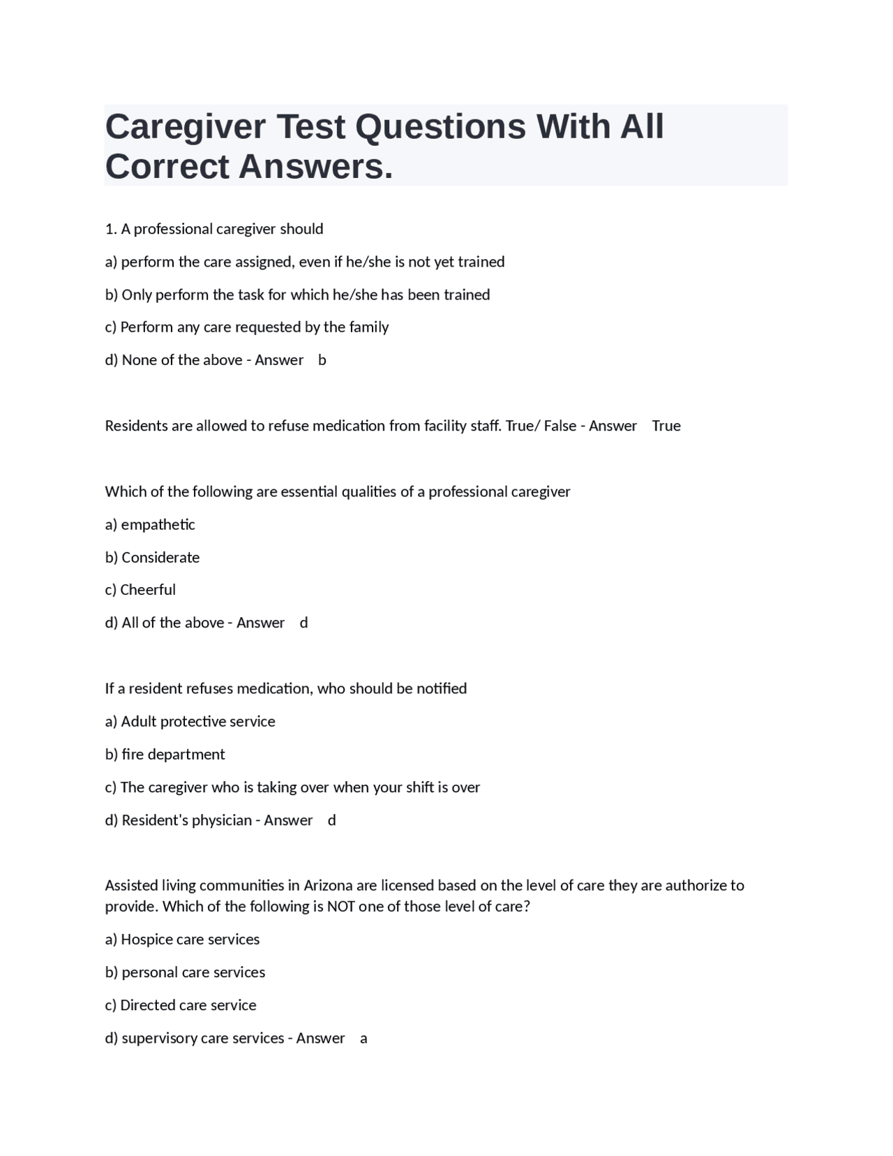 Caregiver Certification Exam Questions and Answers | Exams Nursing ...