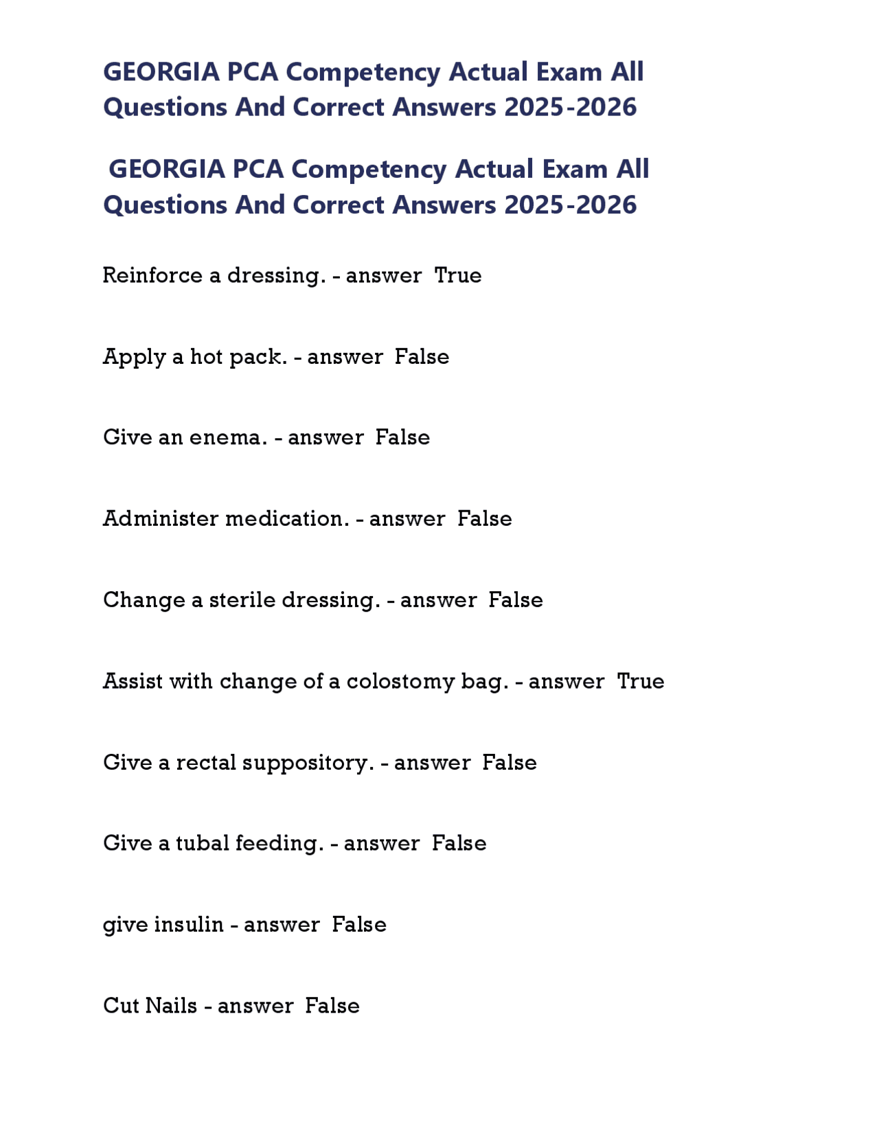 Georgia PCA Competency Exam: Questions and Answers for Personal Care ...
