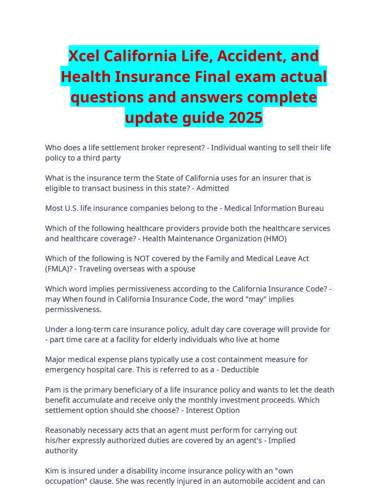 Xcel California Life, Accident, and Health Insurance Final Exam ...