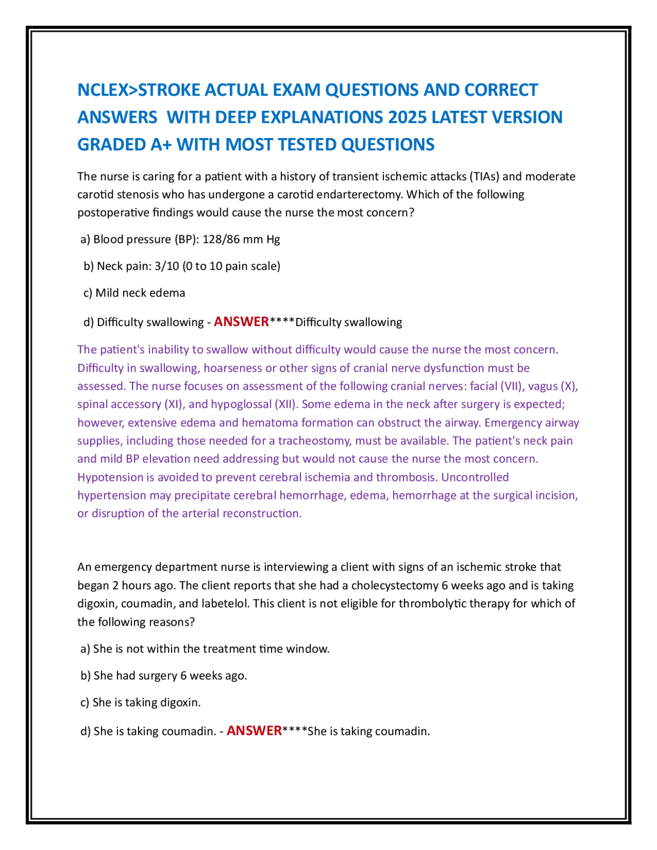 NCLEX>STROKE ACTUAL EXAM QUESTIONS AND CORRECT ANSWERS WITH DEEP ...