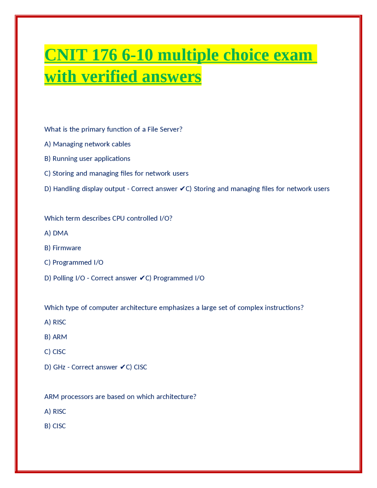 CNIT 176 Computer Architecture Multiple Choice Questions and Answers ...