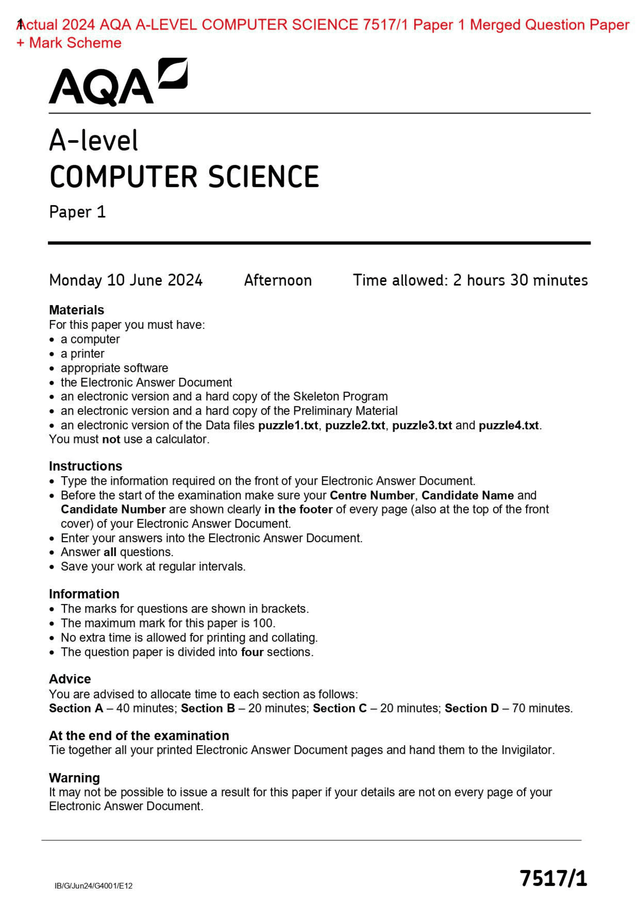 Actual 2024 AQA A-LEVEL COMPUTER SCIENCE 7517/1 Paper 1 Merged Question ...