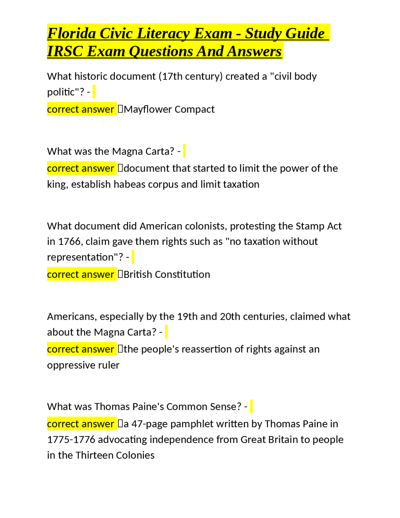 Florida Civic Literacy Exam - Study Guide IRSC Exam Questions And ...