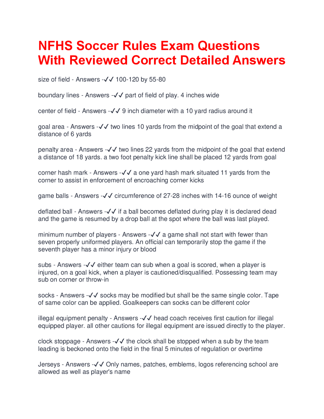 NFHS Soccer Rules Exam Questions and Answers | Exams Nursing | Docsity