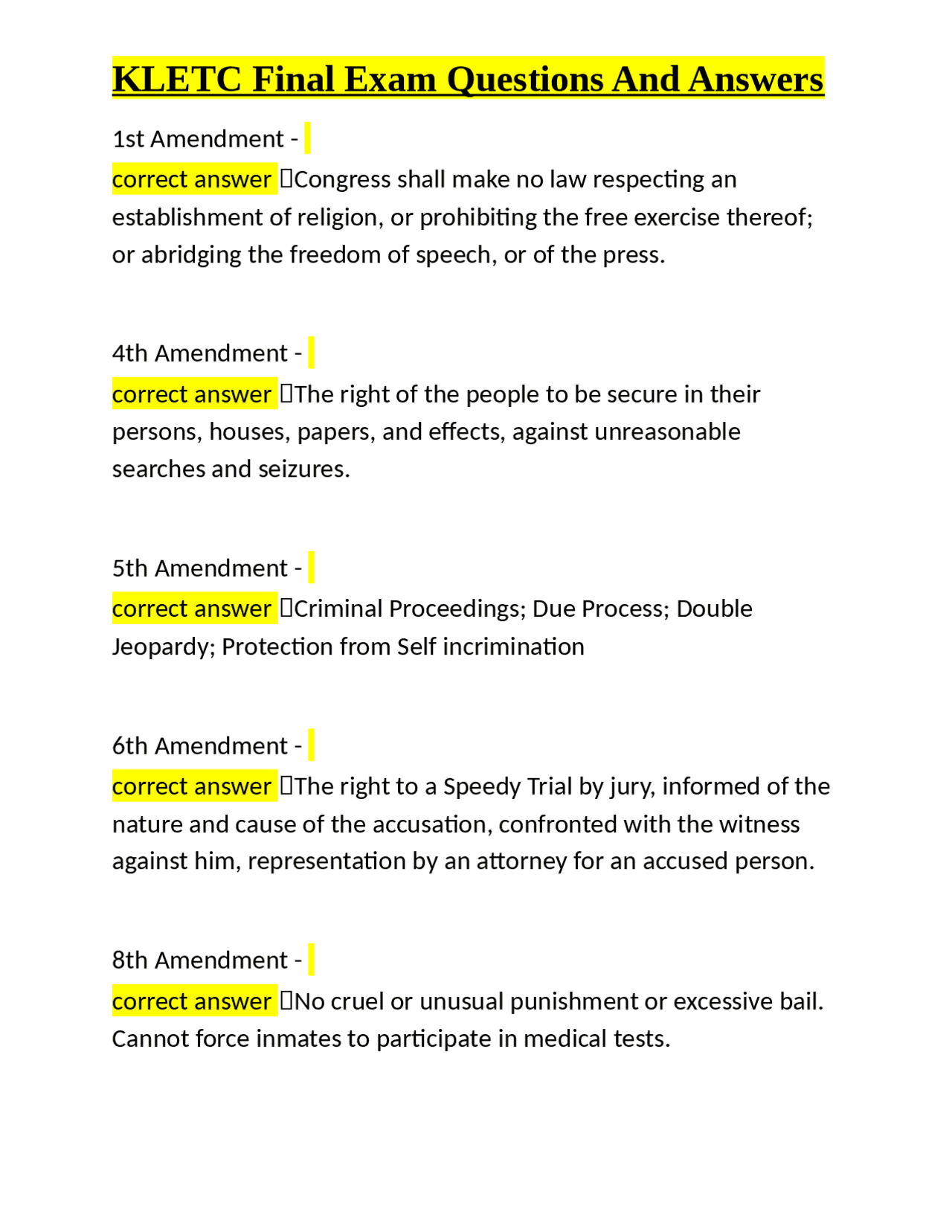 KLETC Final Exam Questions and Answers: Criminal Law and Procedure ...
