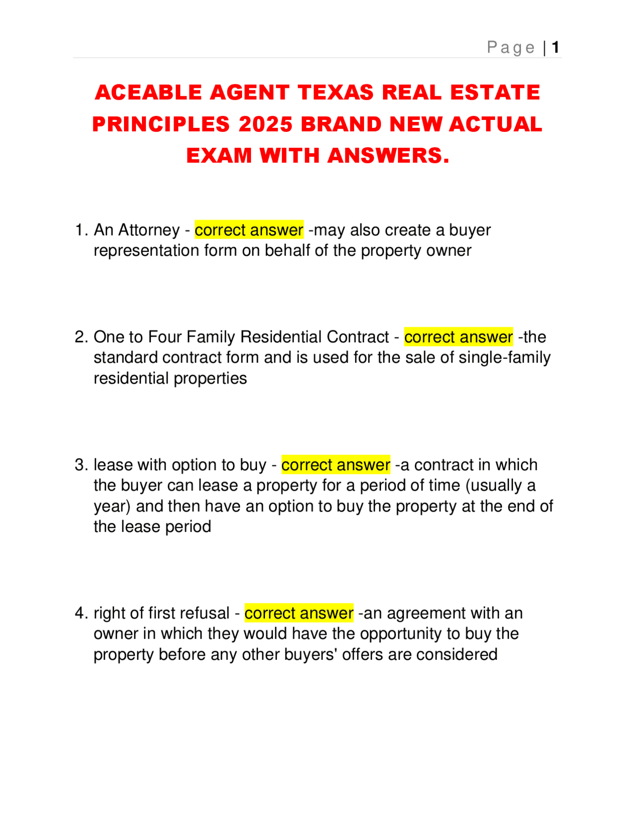 ACEABLE AGENT TEXAS REAL ESTATE PRINCIPLES 2025 BRAND NEW ACTUAL EXAM ...