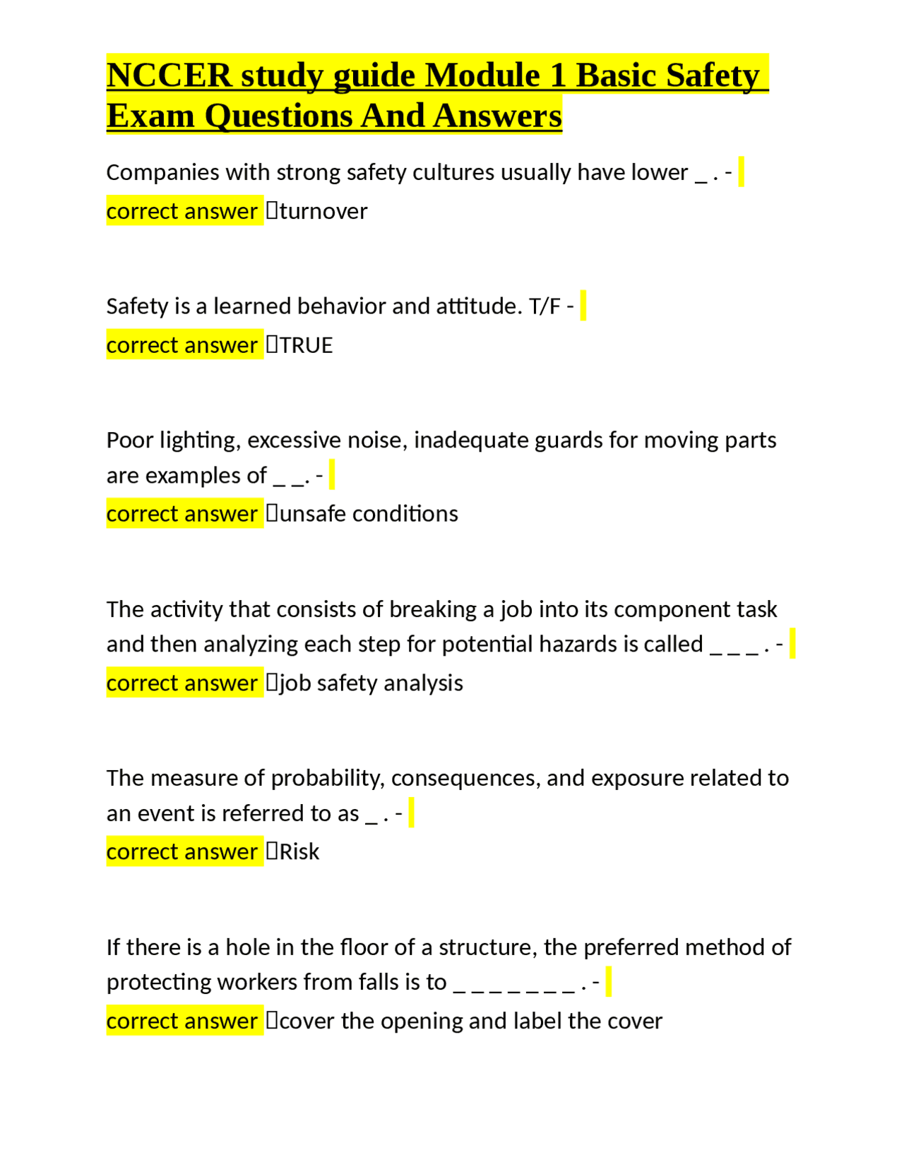 NCCER study guide Module 1 Basic Safety Exam Questions And Answers ...