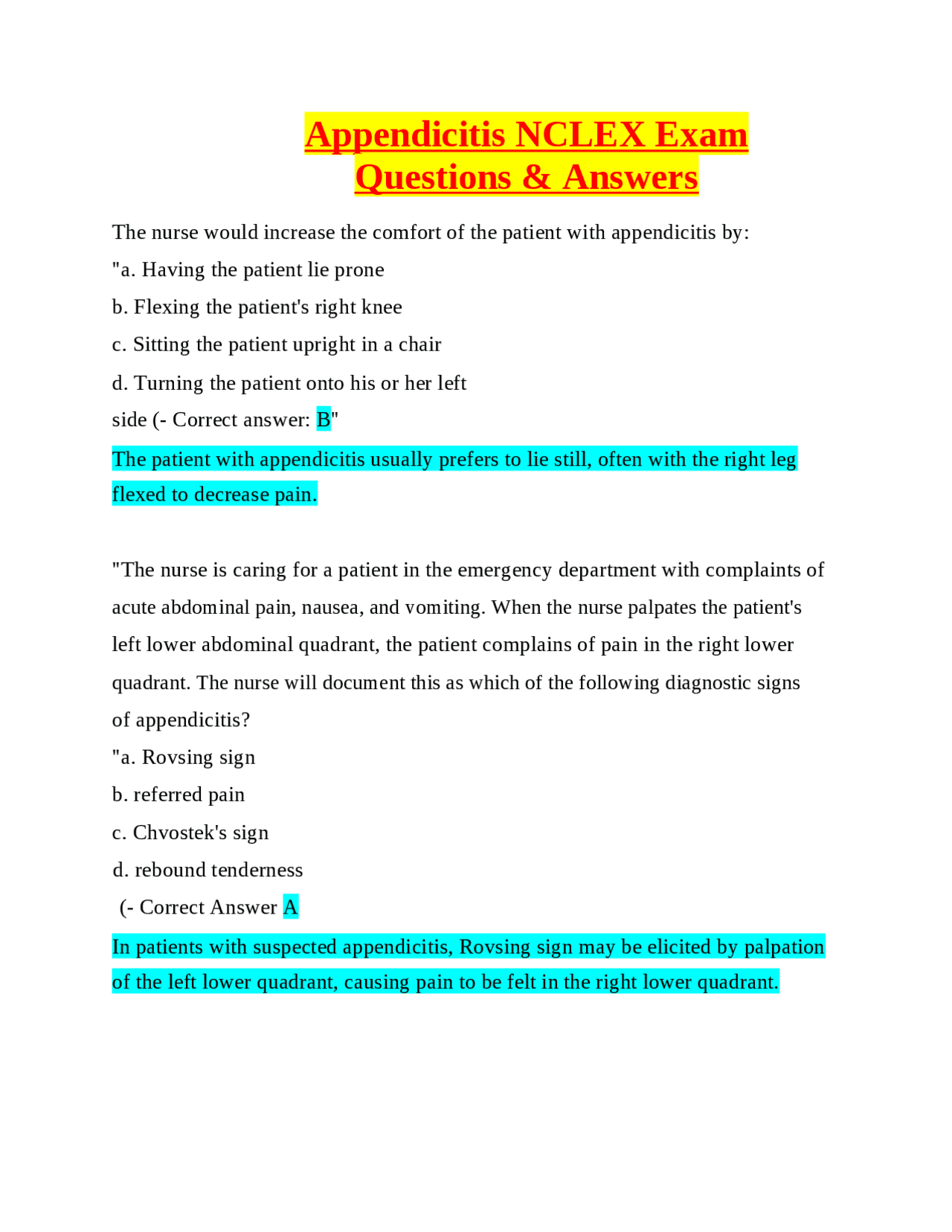 Appendicitis: NCLEX-Style Questions and Answers | Exams Nursing | Docsity