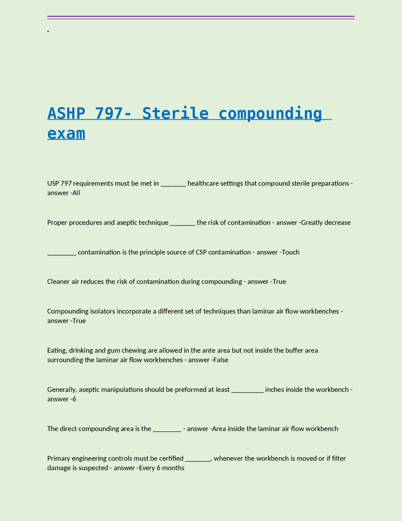 ASHP 797- Sterile compounding exam.docx | Exams Nursing | Docsity