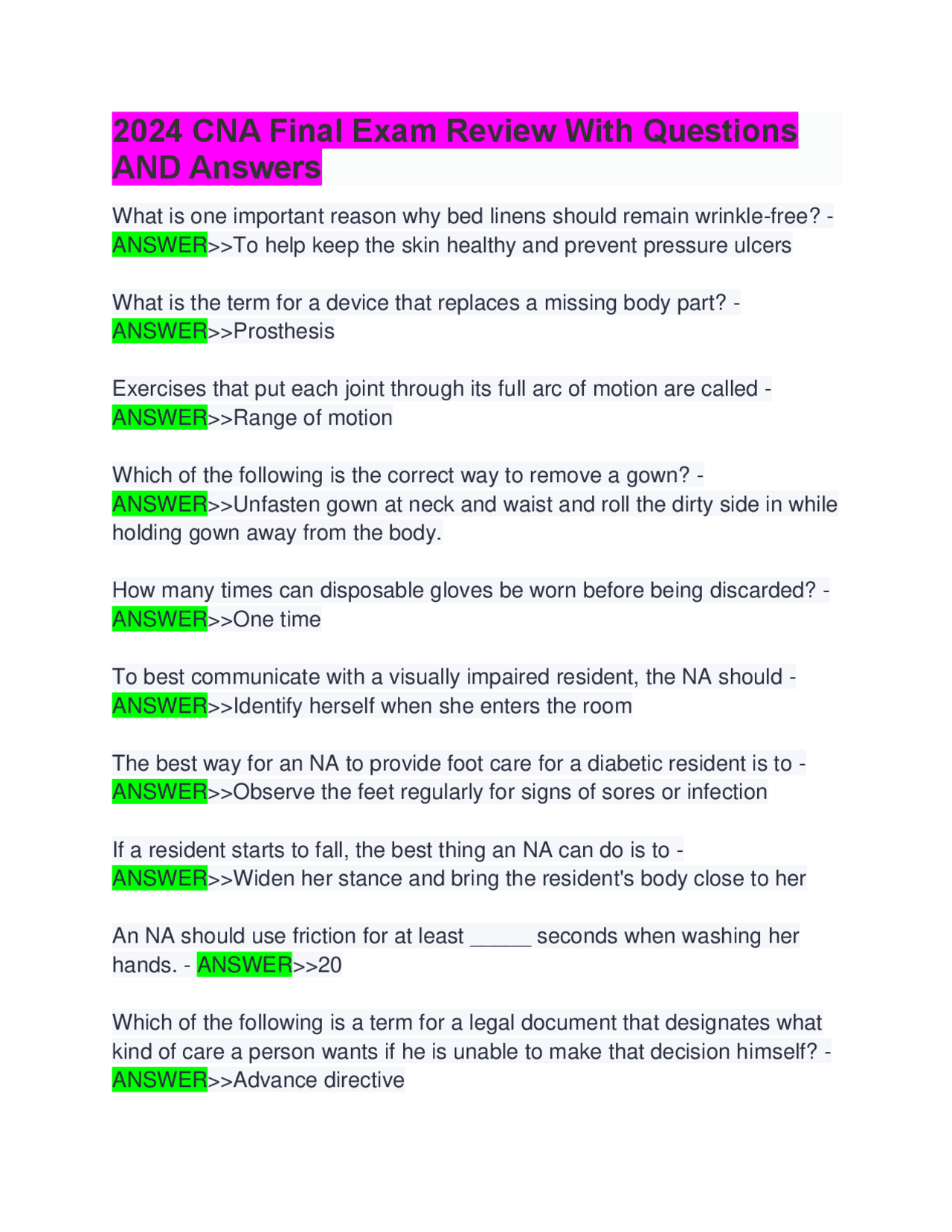 2024 CNA Final Exam Review: Questions and Answers for Certified Nursing ...