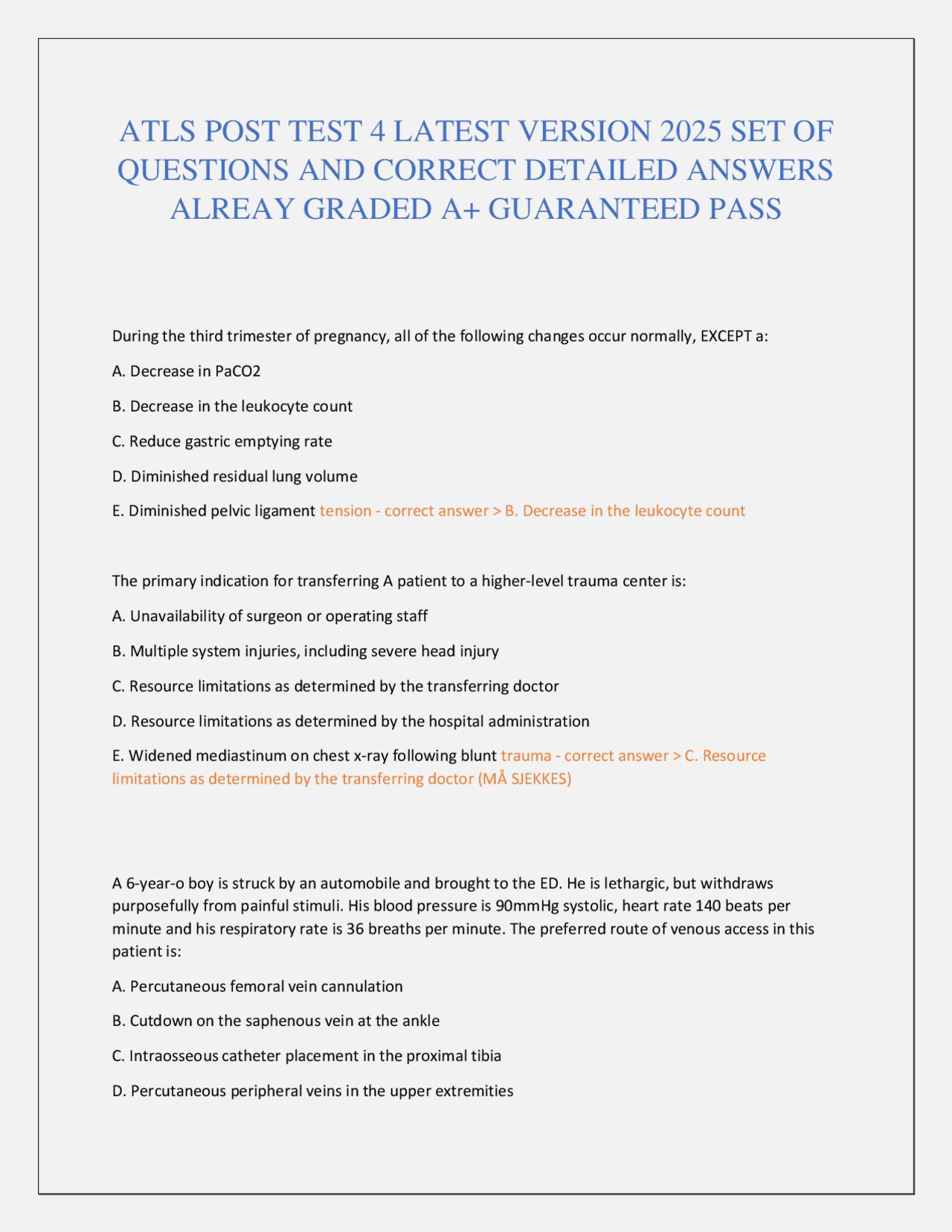 ATLS POST TEST 4 LATEST VERSION 2025 SET OF QUESTIONS AND CORRECT ...