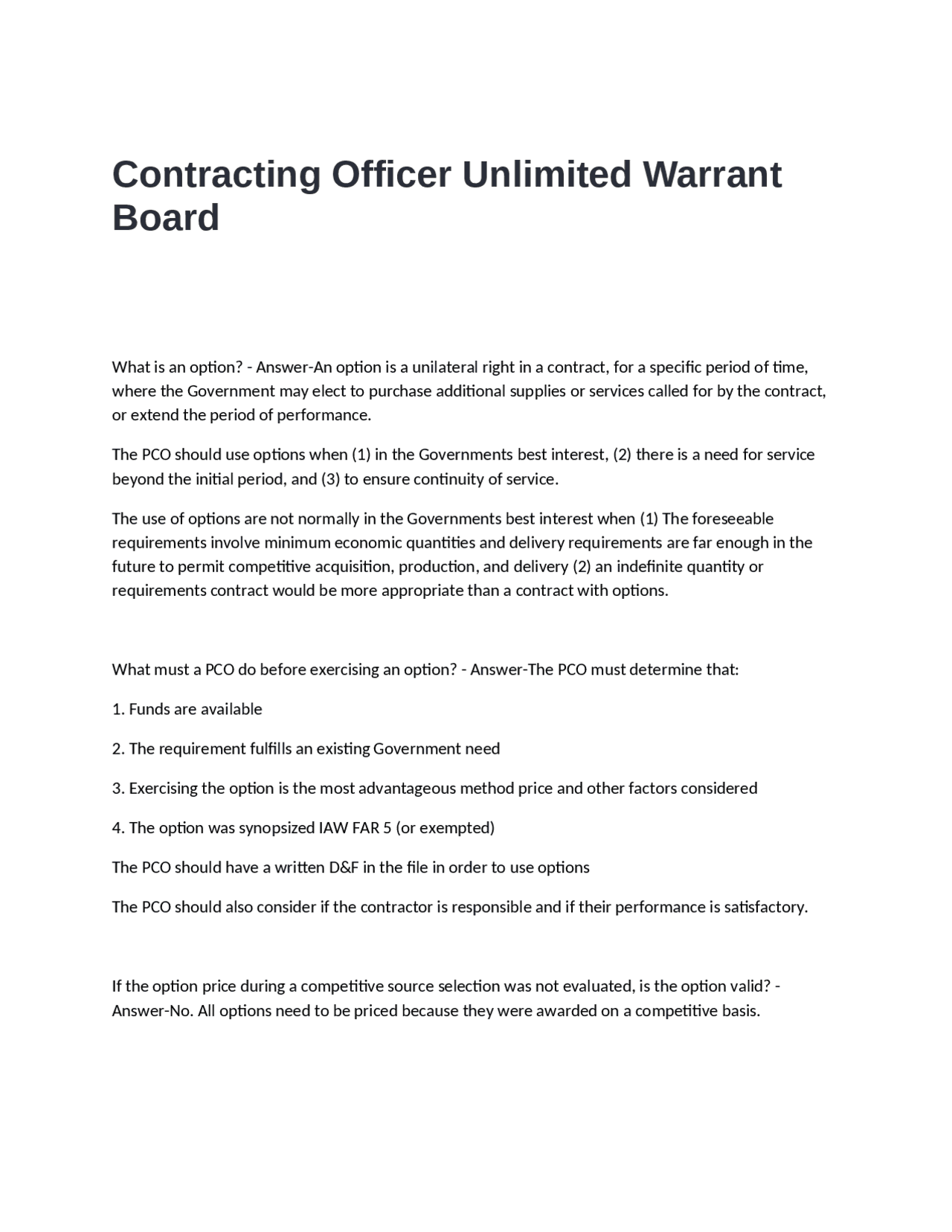 Contracting Officer Unlimited Warrant Board Exam Questions and Answers ...