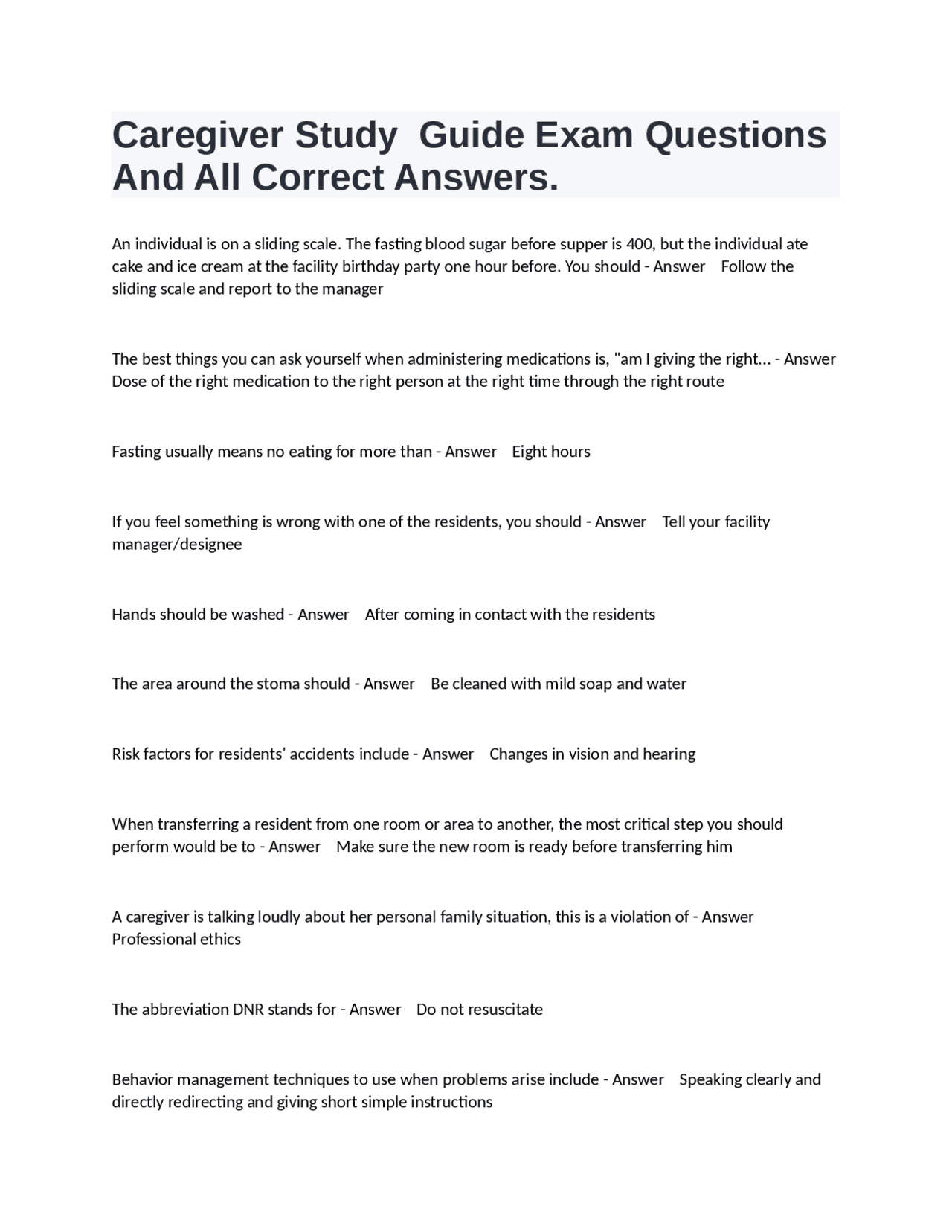 Caregiver Study Guide Exam Questions and Answers: A Comprehensive Guide ...