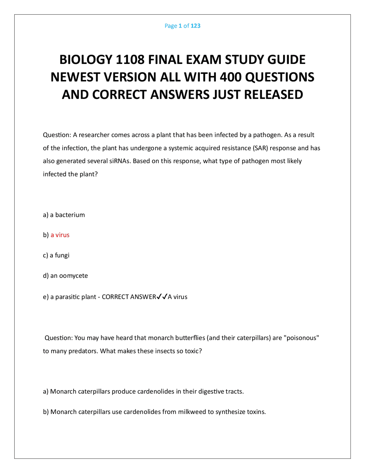 BIOLOGY 1108 FINAL EXAM STUDY GUIDE NEWEST VERSION ALL WITH 400 ...