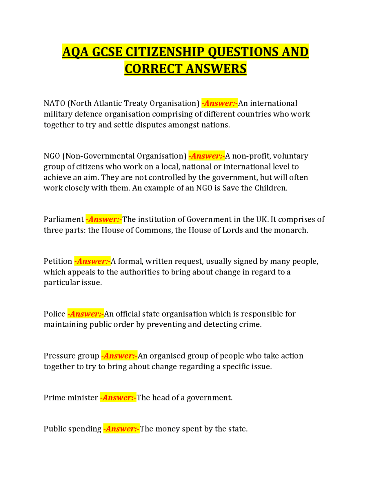 AQA GCSE CITIZENSHIP QUESTIONS AND CORRECT ANSWERS | Exams History ...