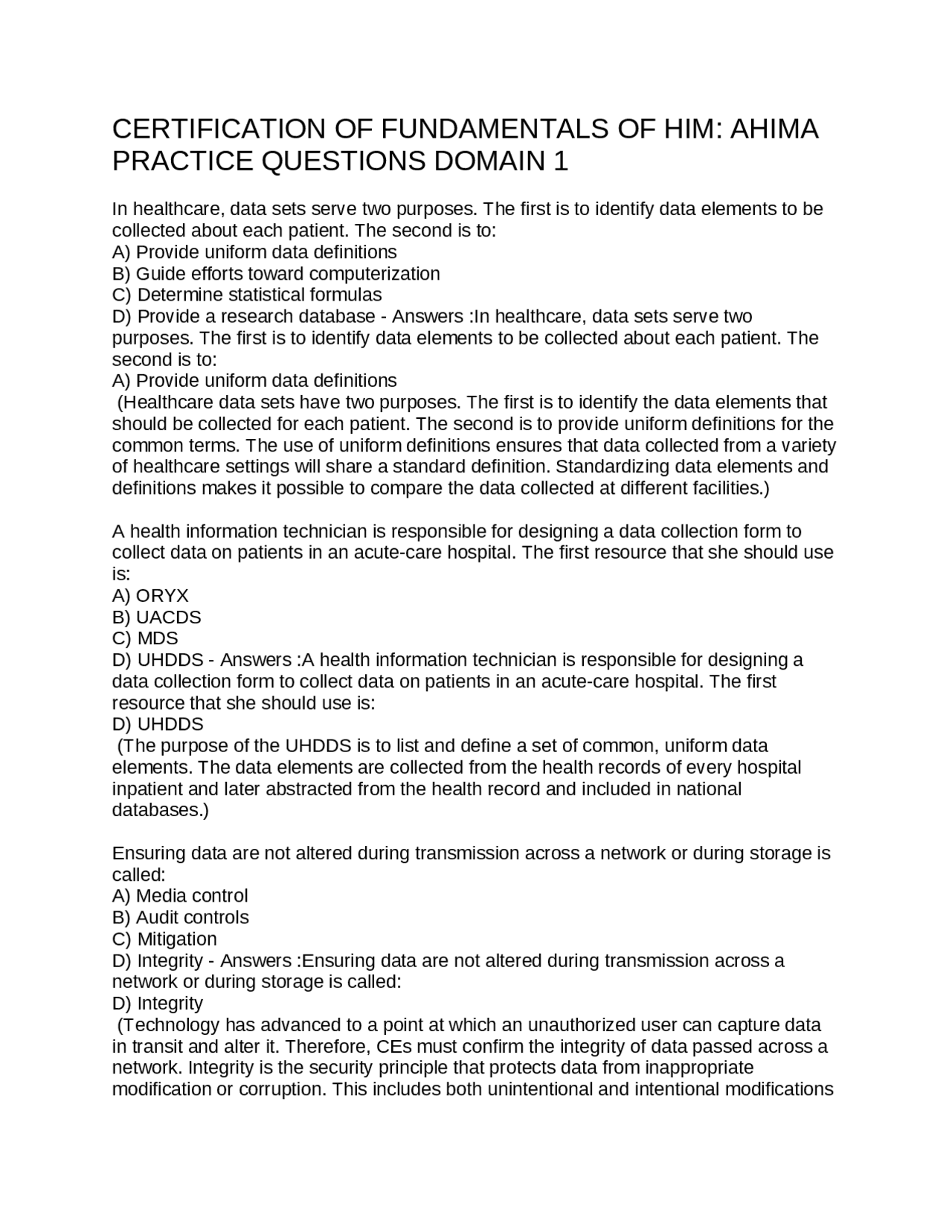AHIMA Practice Questions: Fundamentals of Health Information Management ...