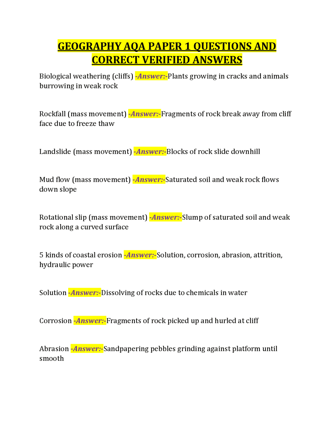 AQA Geography Paper 1: Questions and Answers on Coastal Processes ...
