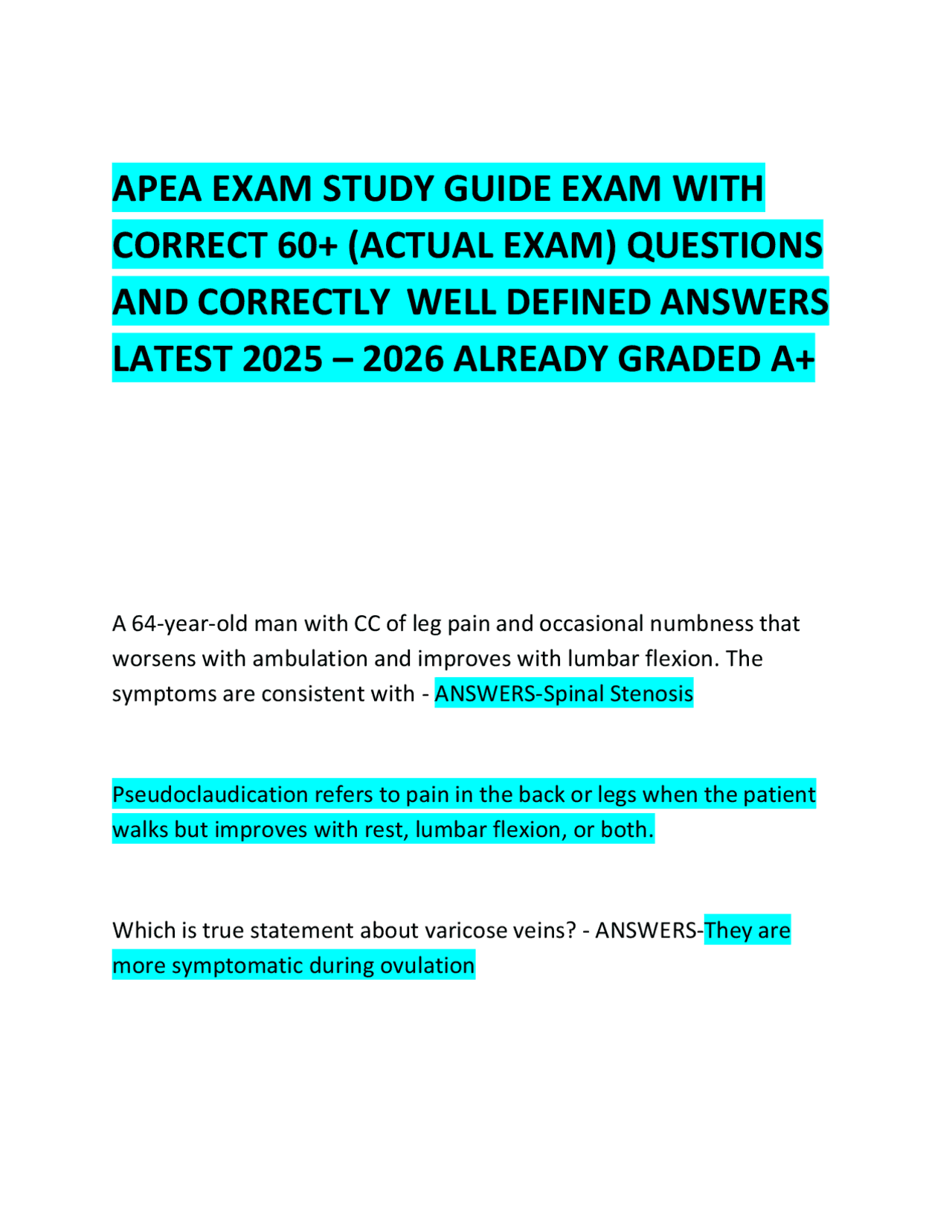 APEA EXAM STUDY GUIDE EXAM WITH CORRECT 60+ (ACTUAL EXAM) QUESTIONS ...