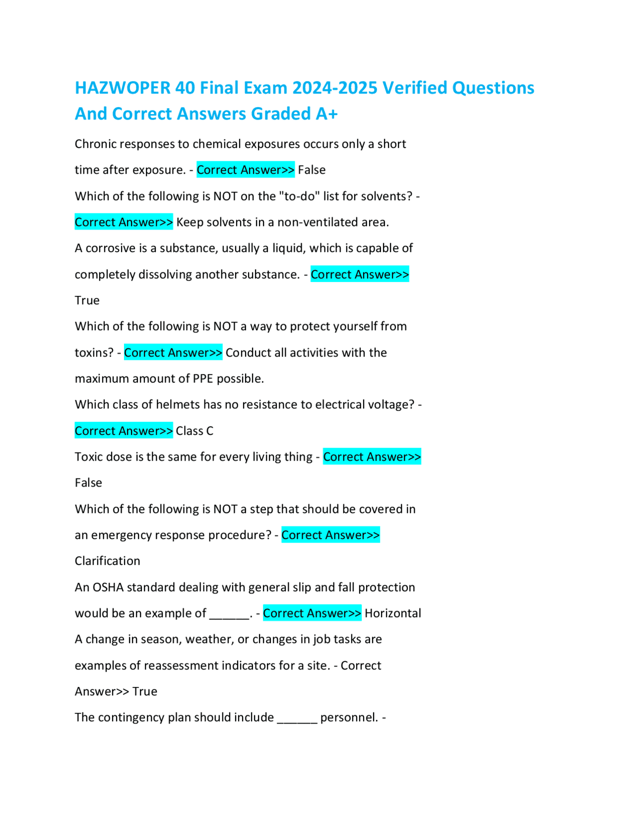 HAZWOPER 40 Final Exam 2024-2025 Verified Questions And Correct Answers ...