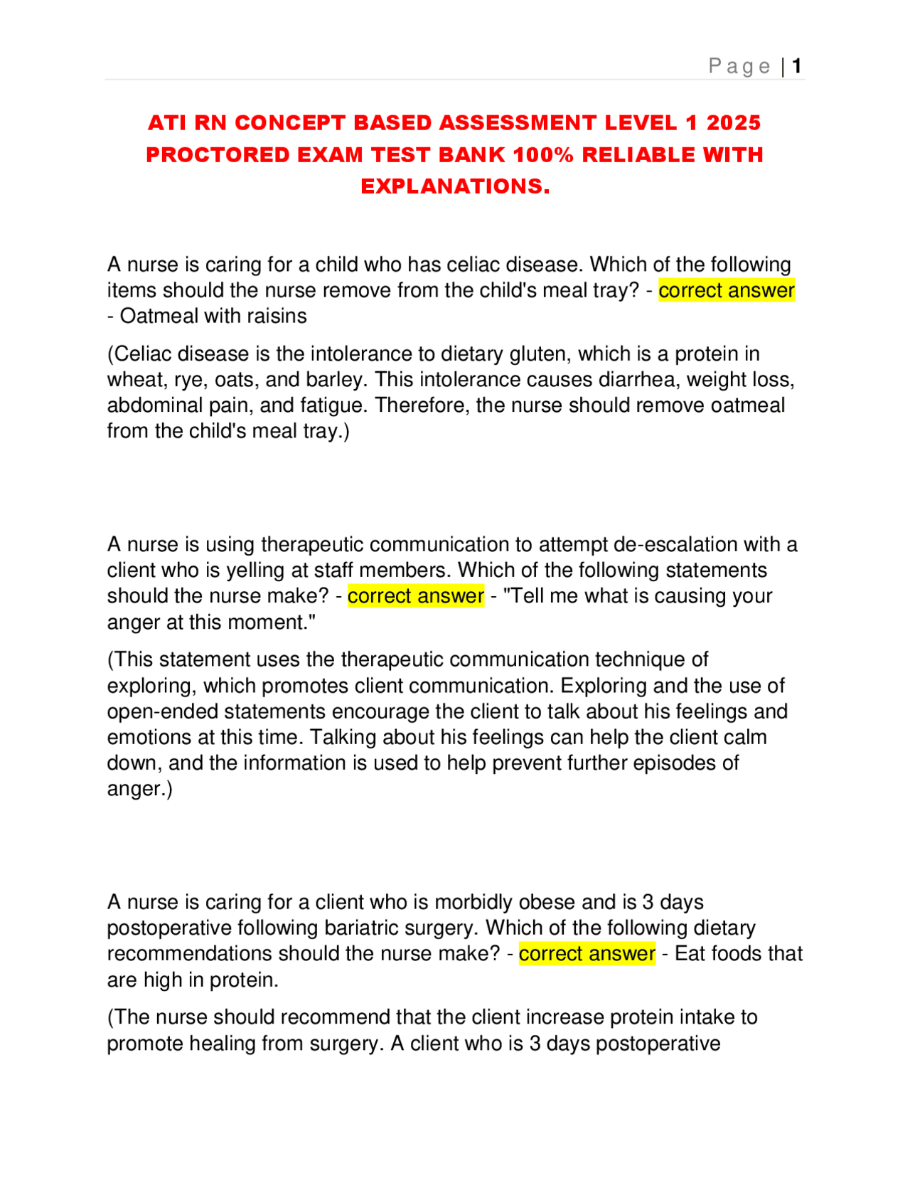 ATI RN CONCEPT BASED ASSESSMENT LEVEL 1 2025 PROCTORED EXAM TEST BANK ...