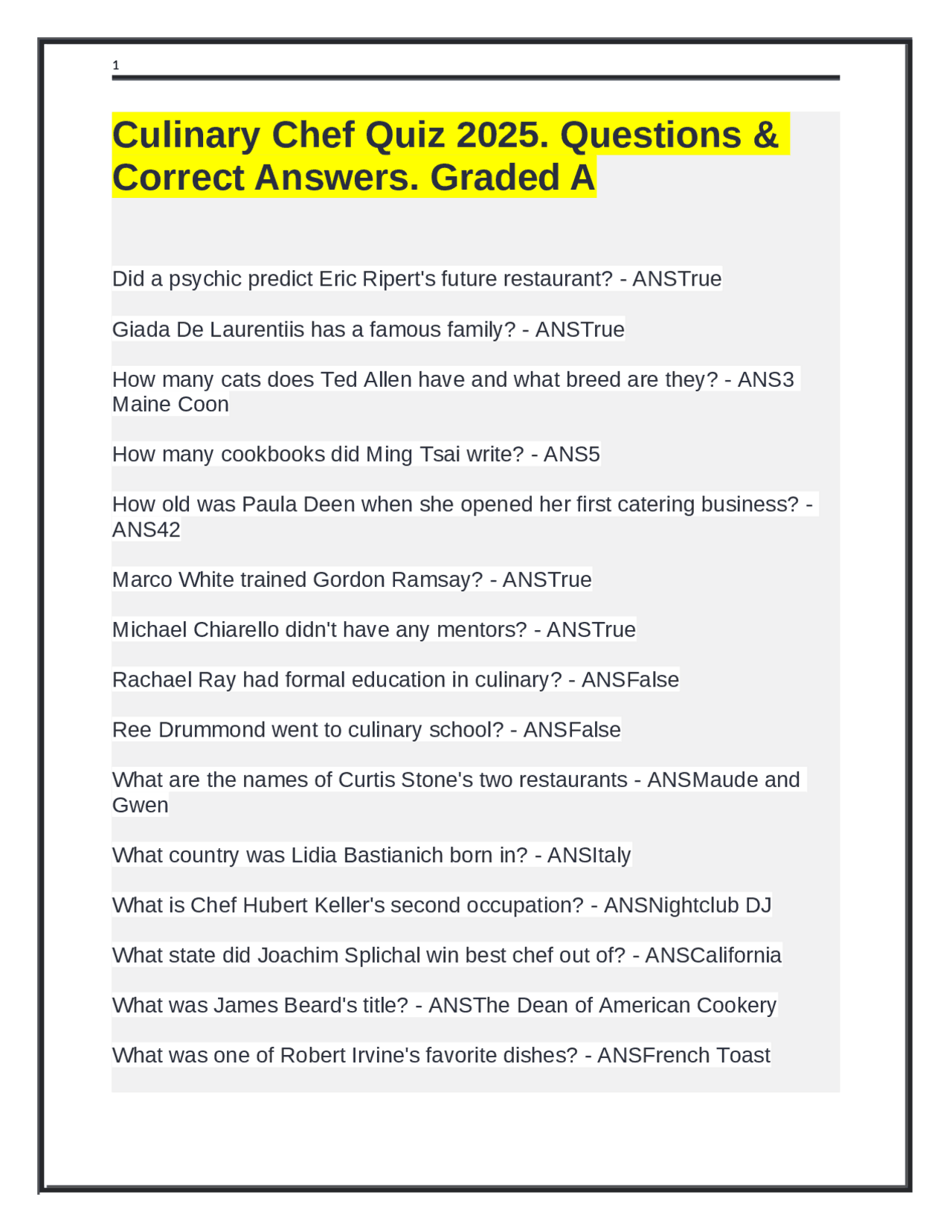 Culinary Chef Quiz 2025. Questions & Correct Answers. Graded A | Exams ...