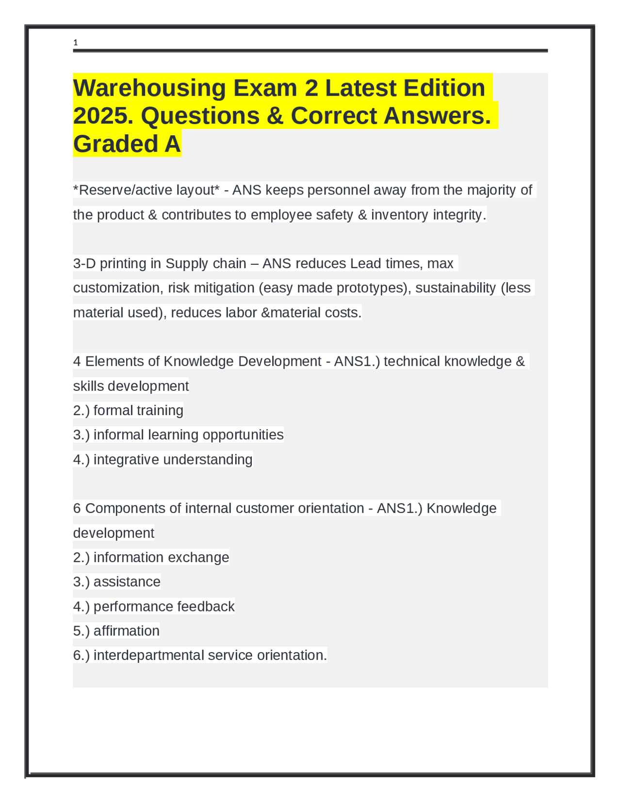 Warehousing Exam 2 Latest Edition 2025. Questions & Correct Answers ...