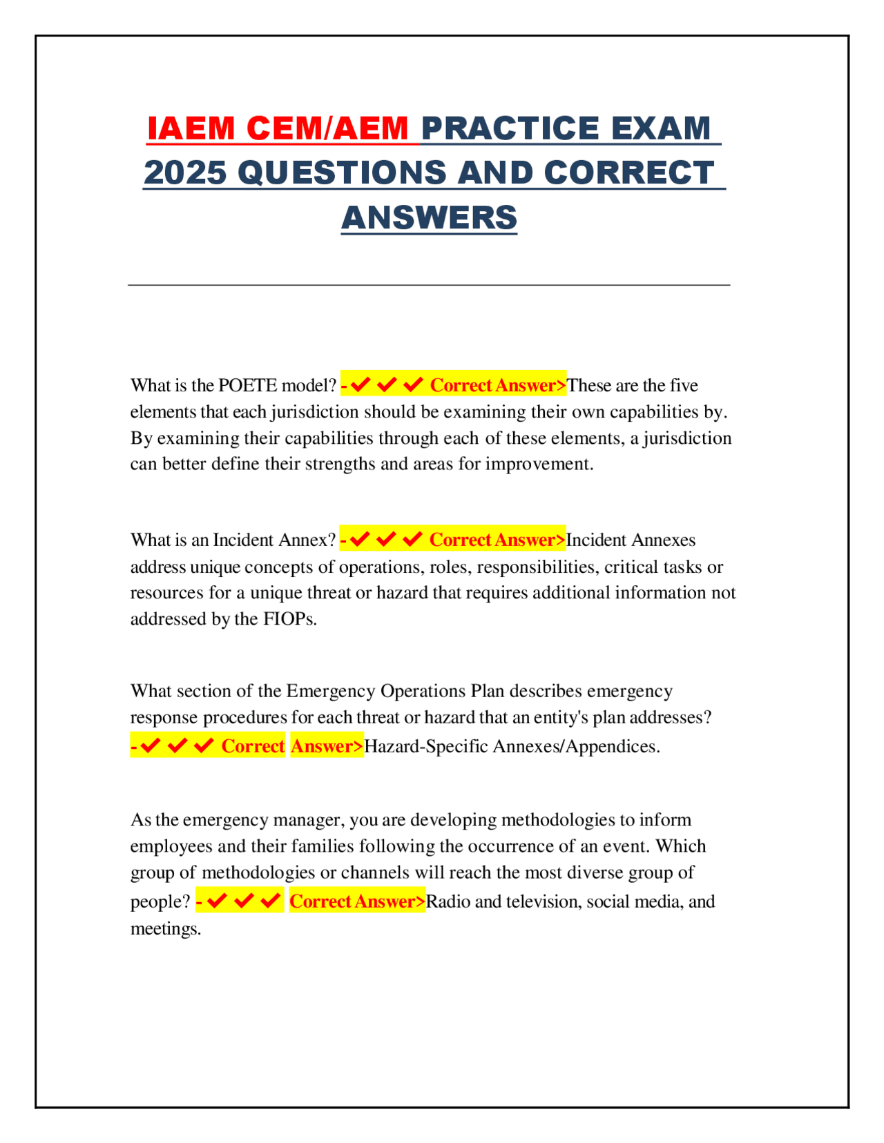 IAEM CEM/AEM Practice Exam 2025 –Qns & Correct Ans for Emergency Managementt Certification ...